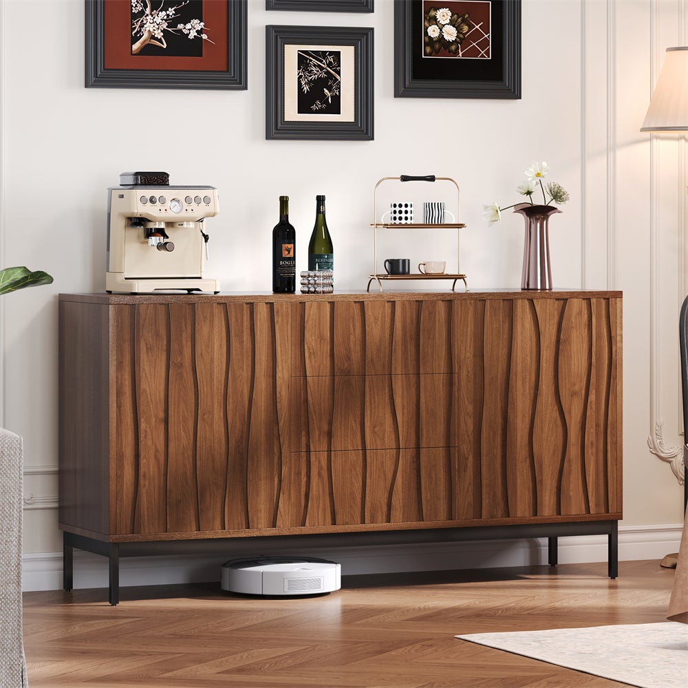 Sideboard 150cm en chêne foncé – 3 tiroirs, 2 étagères réglables ...