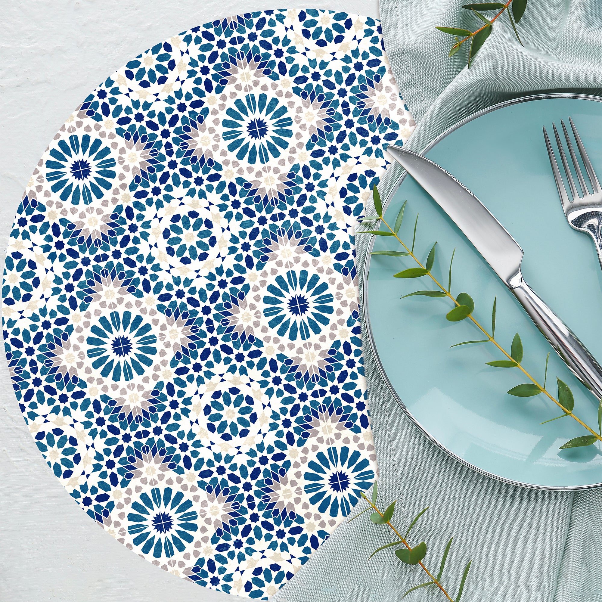Lot de 4 sets de table/ Motifs géométriques bleus / 38 cm - ROND/ Créé ...