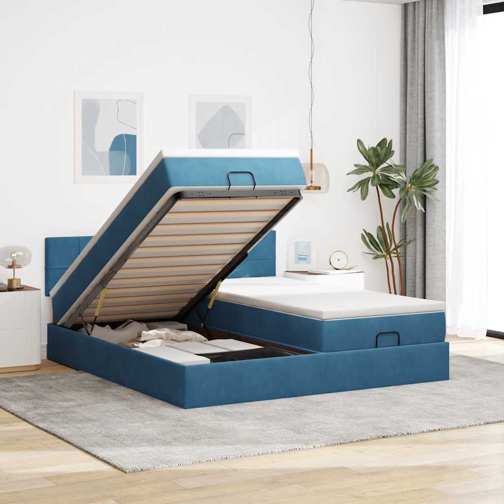 Estructura de cama otomana colchones terciopelo azul oscuro | Leroy Merlin