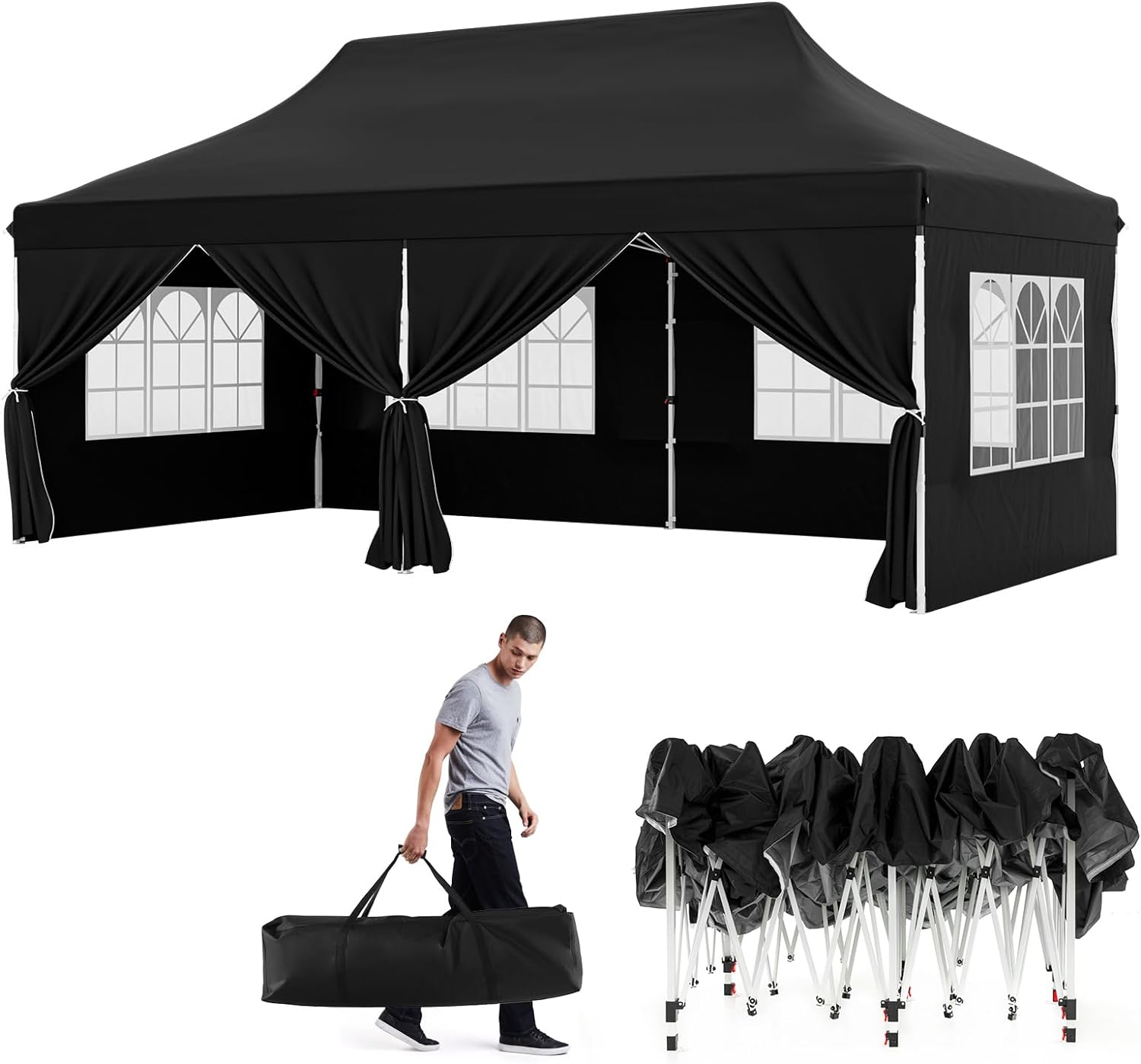 Tonnelle 3x6M Jardin Pliable avec 6 Parois Latérales, Cadre Métallique ...