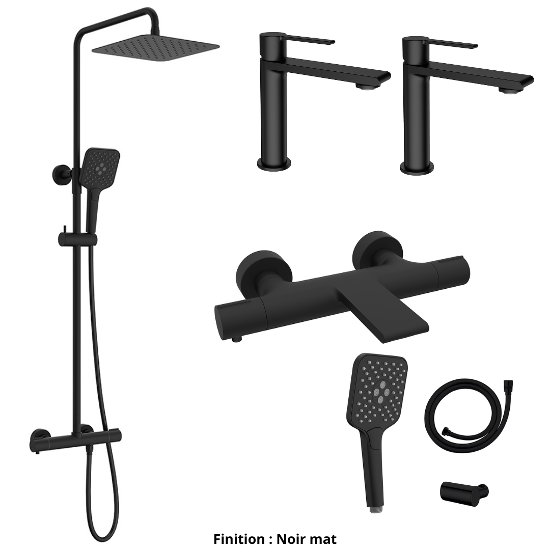 Ensemble 2 Mitigeurs lavabo + Colonne de douche + Mitigeur Bain + Support douchette flexible ...