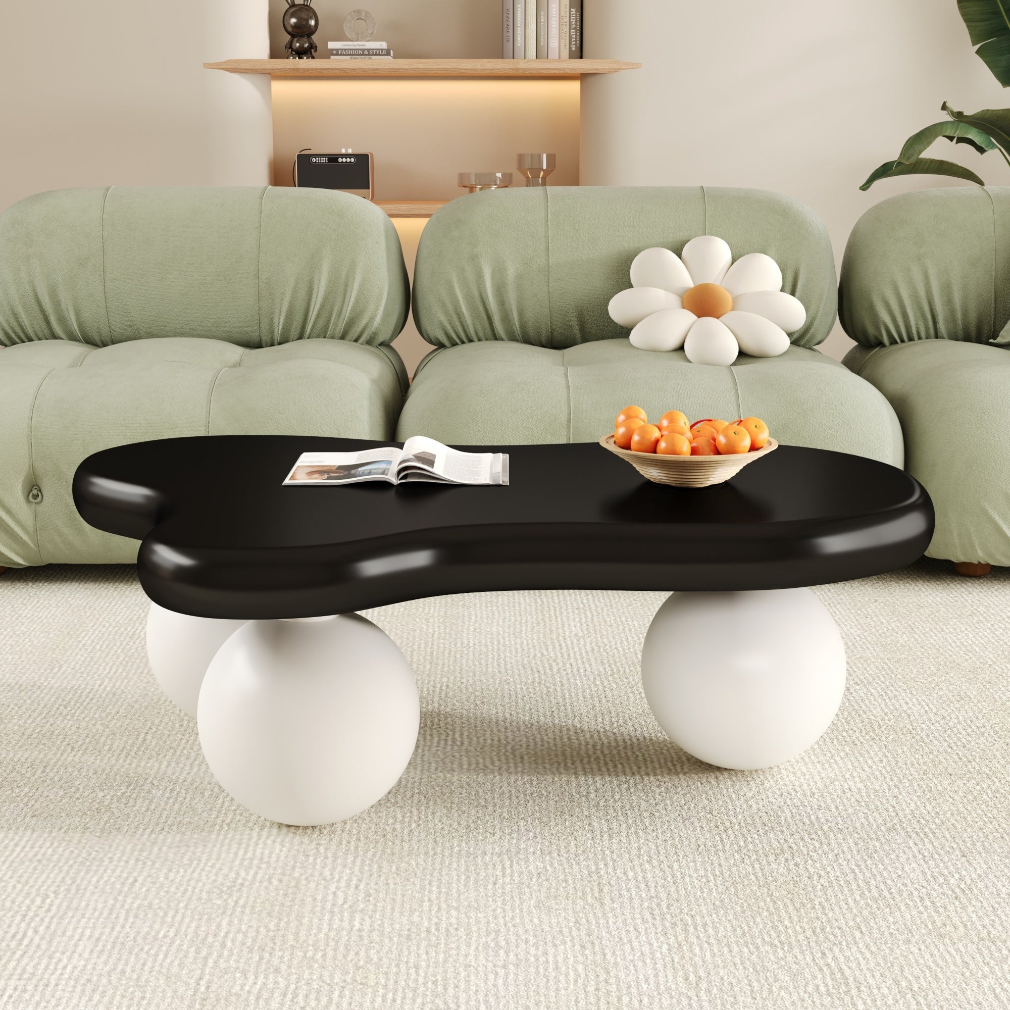 Table basse 95x62.5x32 cm - forme nuage - avec éclairage LED - pieds ronds - noir + blanc ...