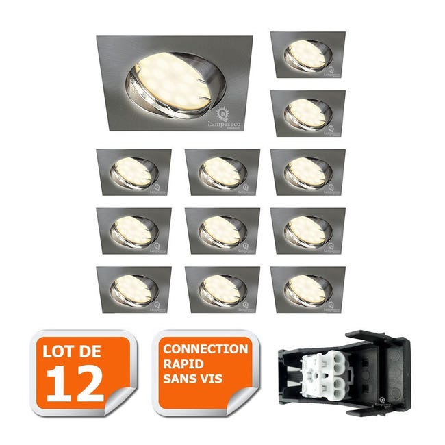 Lot De 12 Spot Encastrable Orientable Led Carré Alu Brossé Gu10 230v Eq