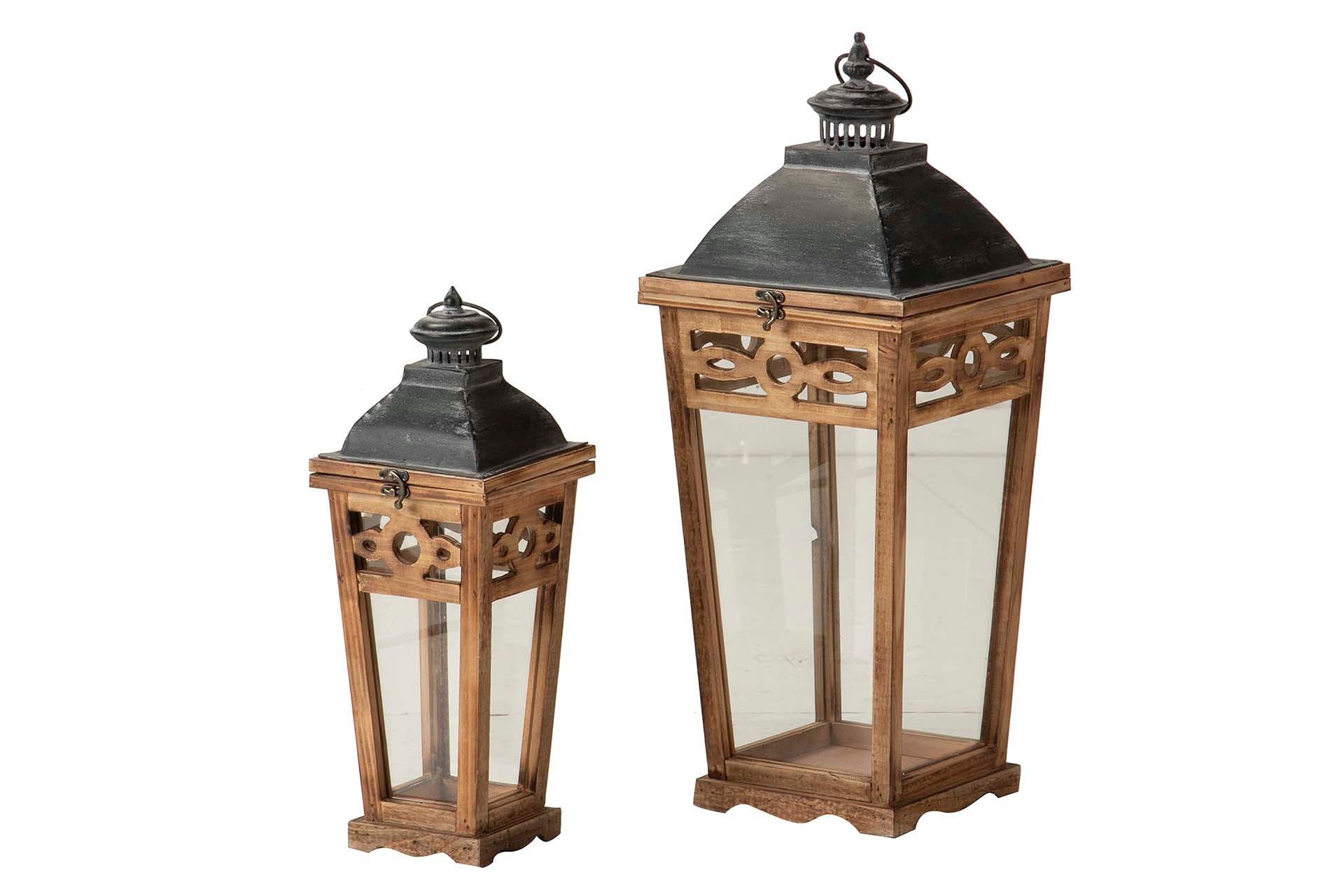 Set 2 Faroles Madera Marron 26X26X68 18X18X45 Cm | Leroy Merlin