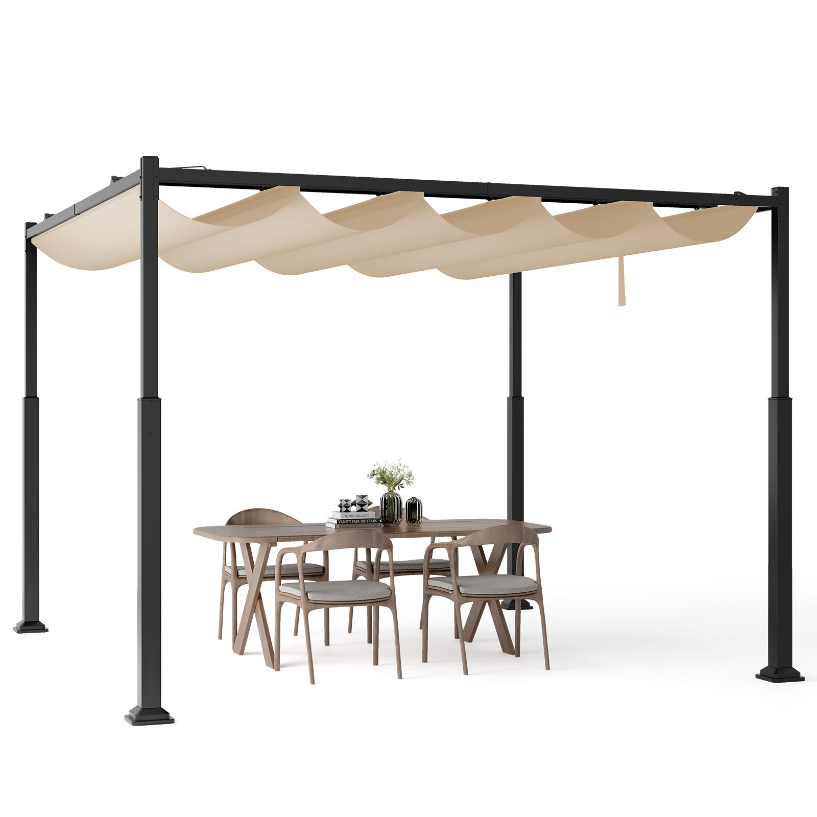 Pérgola Exterior de 310 x 310 CM con Toldo Retráctil, Columnas de Metal ...