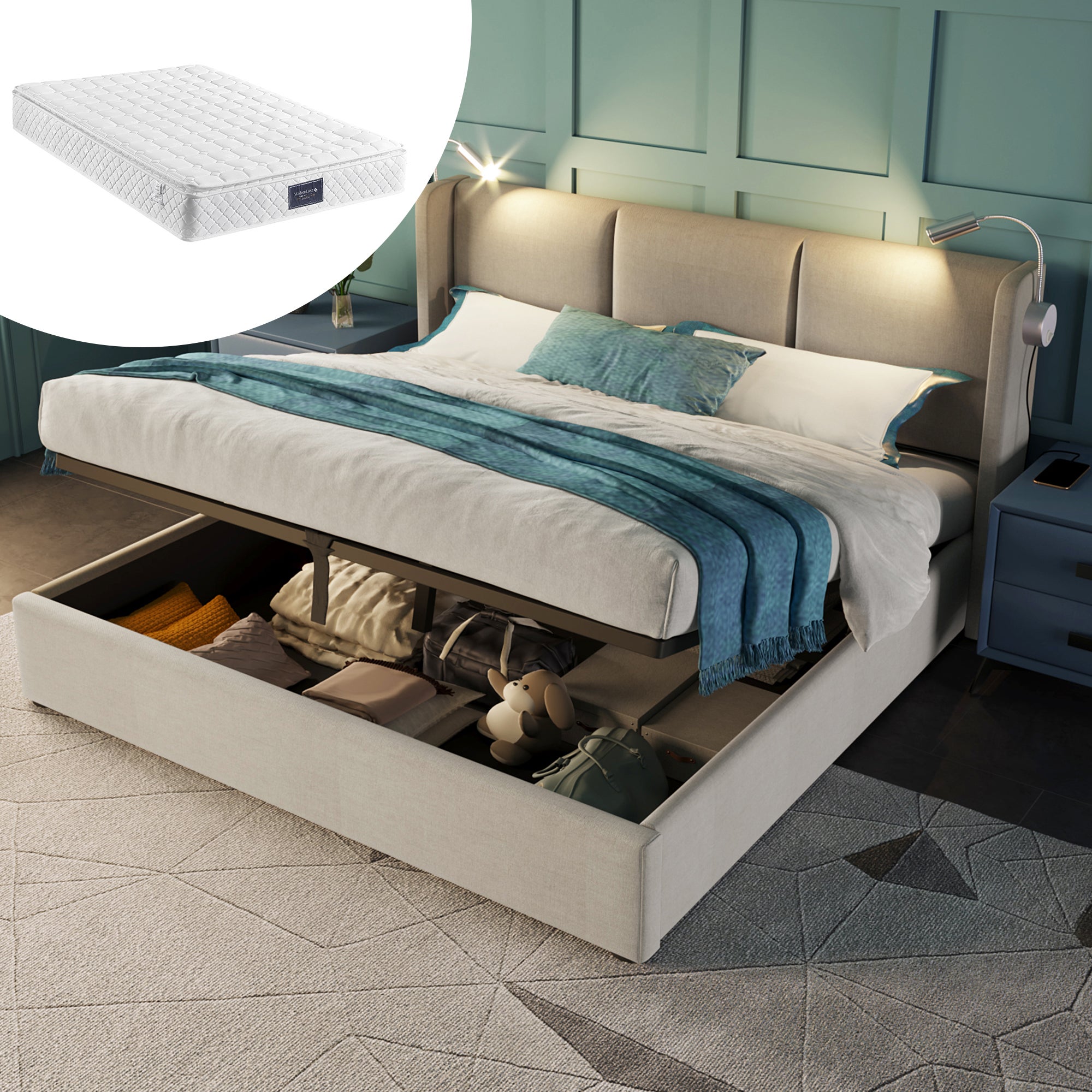 Letto matrimoniale imbottito con materasso 140x200 cm con luce di ...