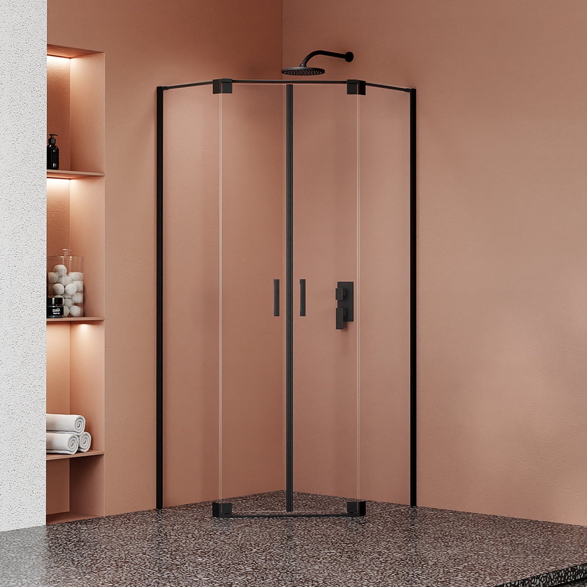 Cabine de douche noir 90x90cm, transparent , 2 portes pentagonales ...