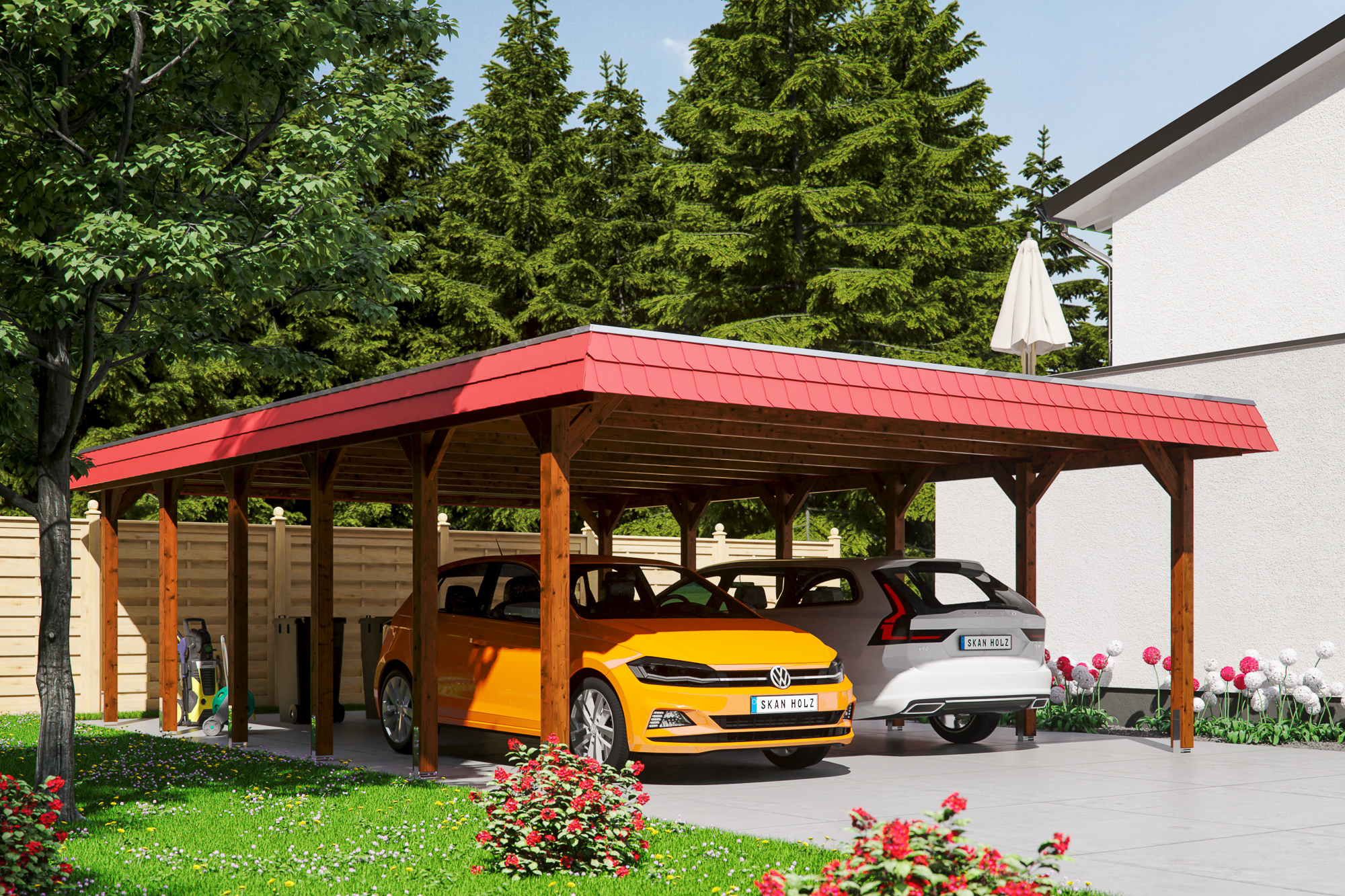 Carport bois SKAN HOLZ Spreewald 585x893cm, toit en aluminium, bandeau rouge, bois résineux ...