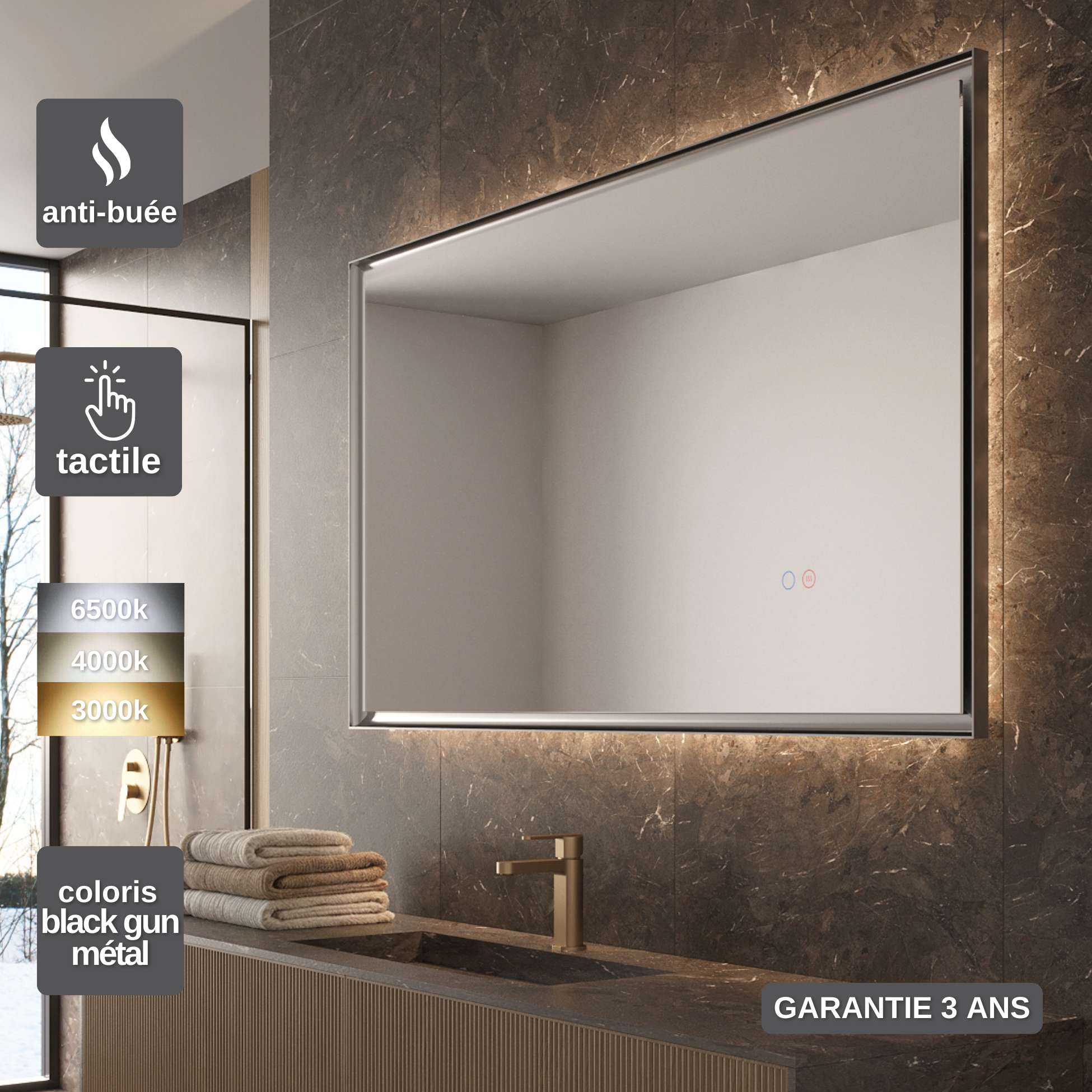 Miroir Salle de Bain CALIFORNIA - 120x80cm - Noir BGM - T° Led Variable - Tactiles On/Off & Anti ...