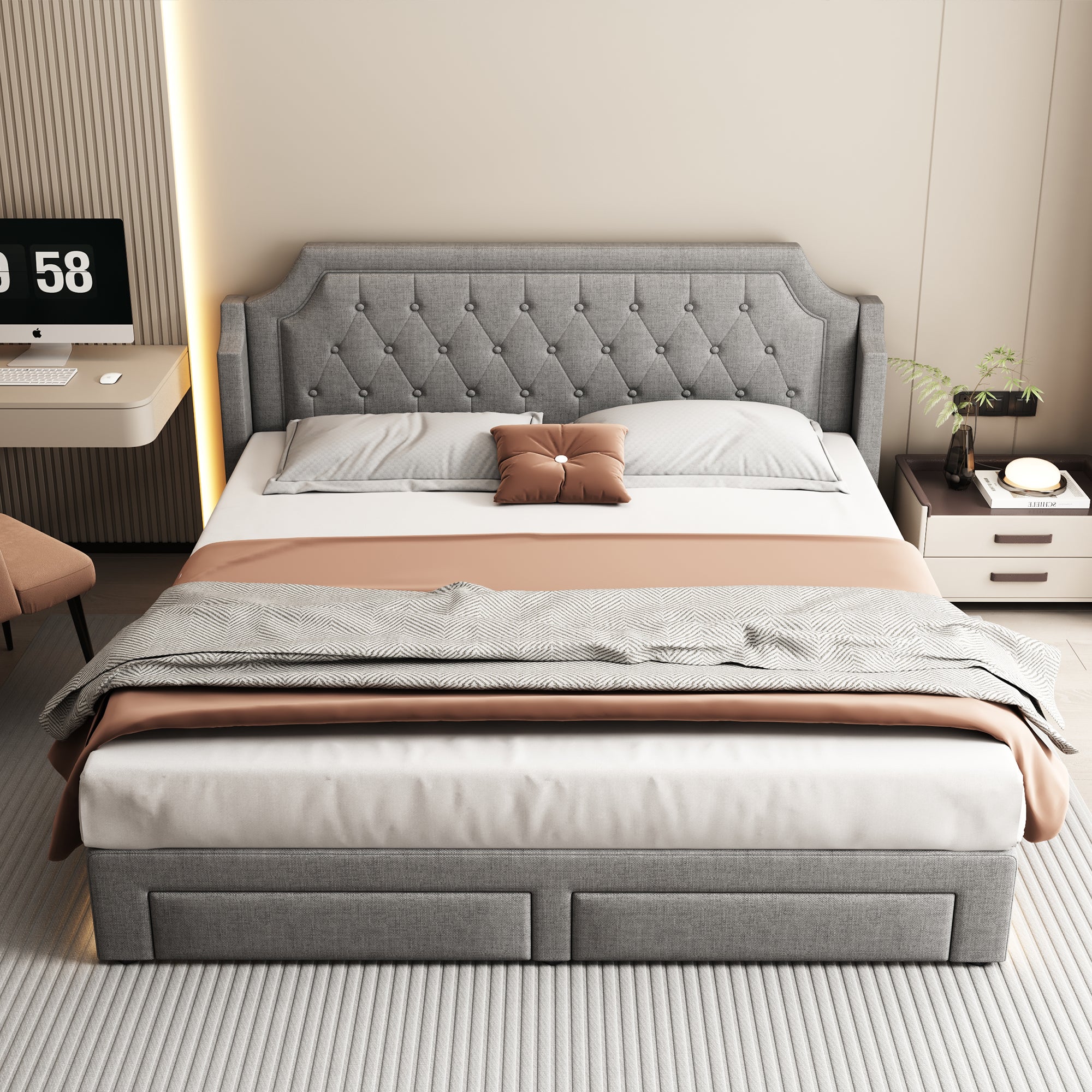 Cama tapizada de lino 180 x 200 cm con LED y cajones - somier de ...