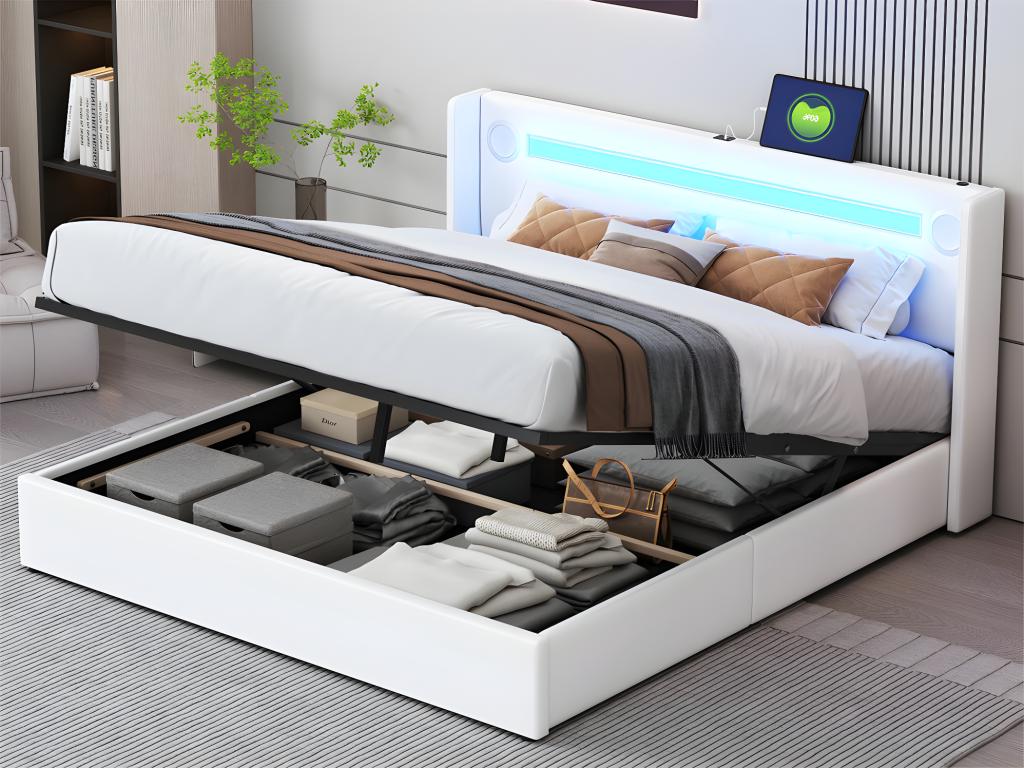Letto contenitore imbottito in ecopelle 160x200 cm con LED, lettore ...