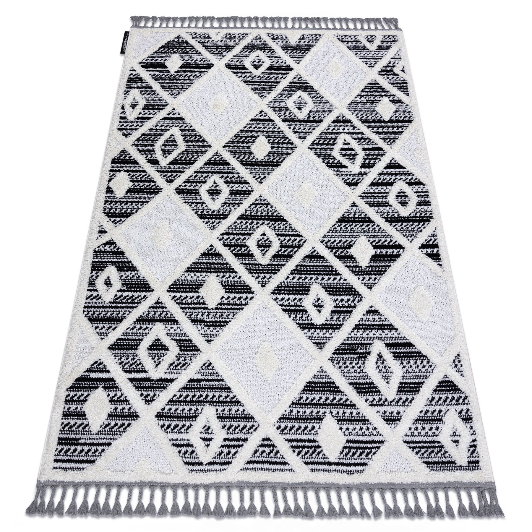 Tapis MAROC P662 Diamants noir / blanc Franges berbère marocain shaggy ...