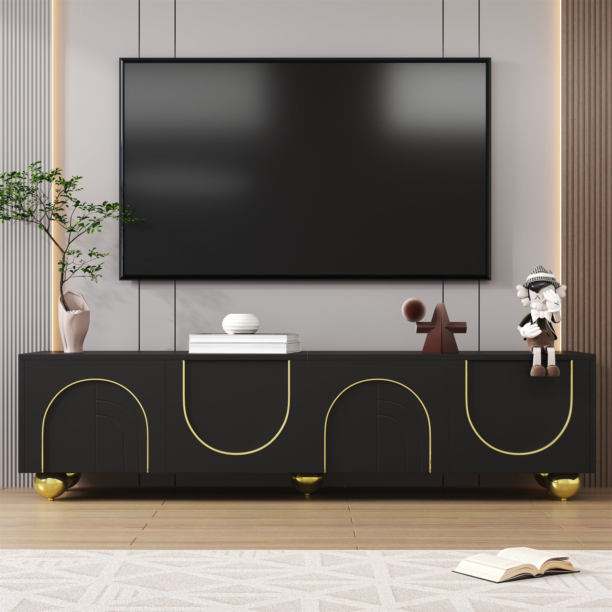 Meuble TV Lowboard avec portes structurées, ornements dorés, pieds ...