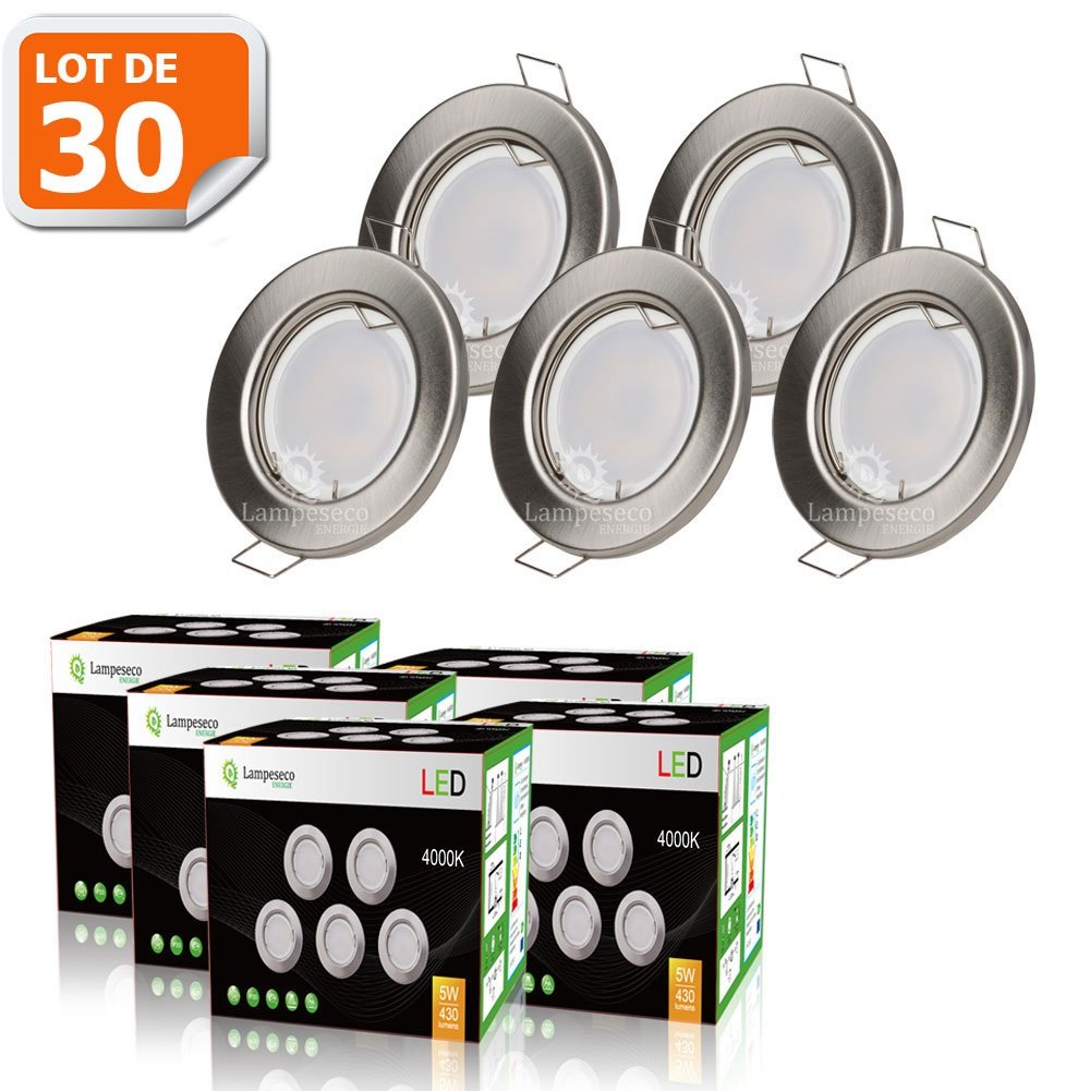 Lot De 30 Spot Led Encastrable Complète Ronde Fixe Alu Brossé Blanc
