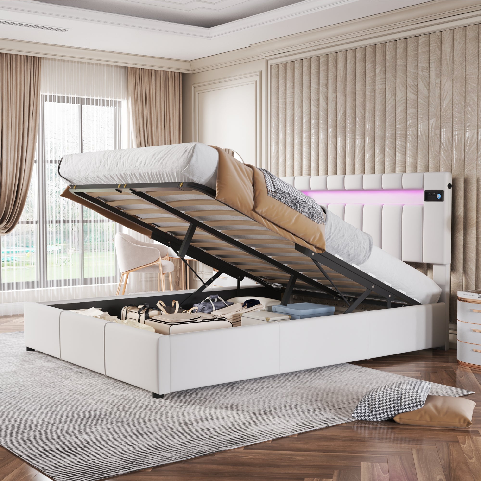 Lit coffre avec rangement - 140 x 200 cm - velours - bluetooth, led et ...