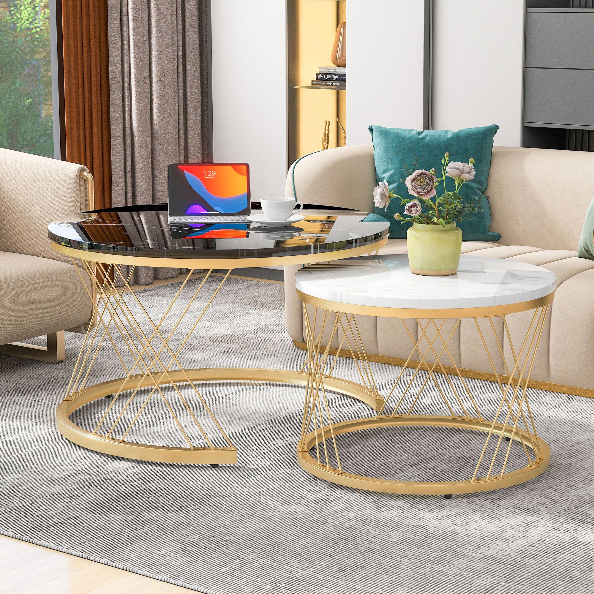 Table basse gigogne 2 pièces, ensemble de table basse ronde cadre doré ...