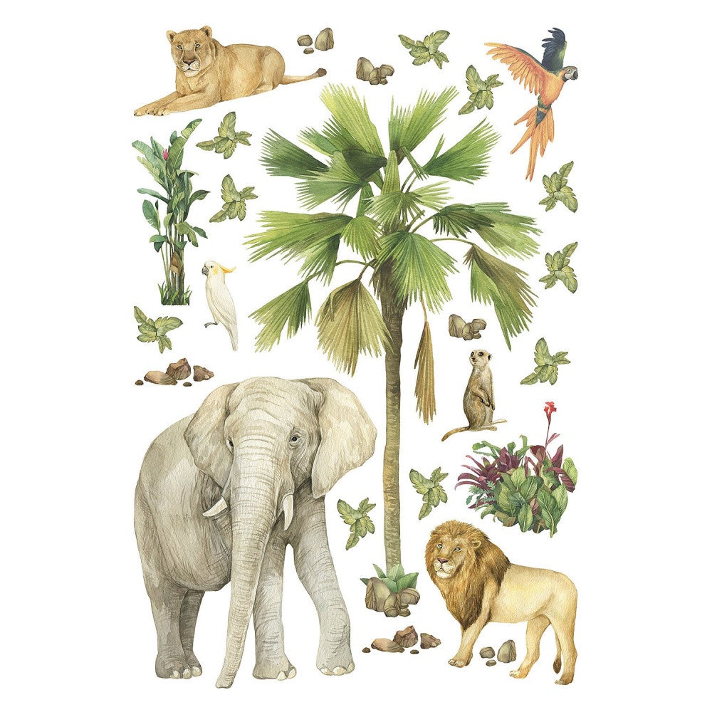 Stickers animaux de la jungle : éléphant, lion, perroquet - 1 planche ...
