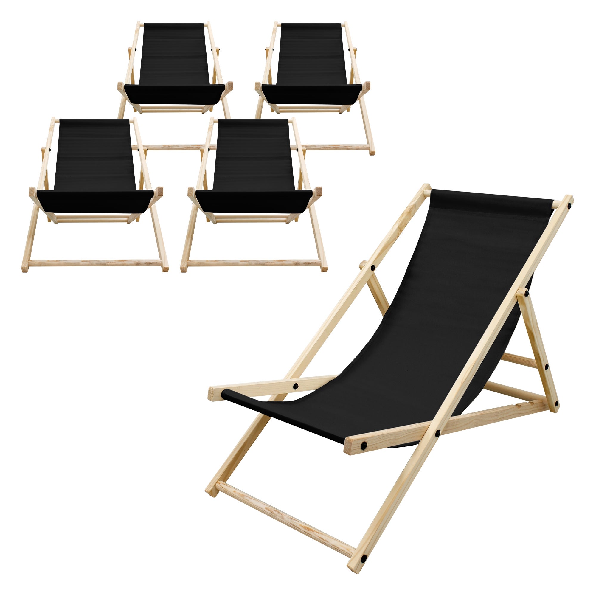 Set 5x Chaise longue de jardin pliable noir en bois chiliennes 3 positions de couchage jusqu'à ...