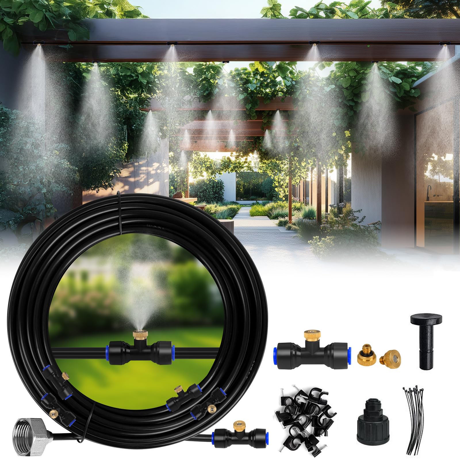 Système de brumisation rafraîchissante,ligne de brumisation de 9 m + 11 buses en laiton+ ...