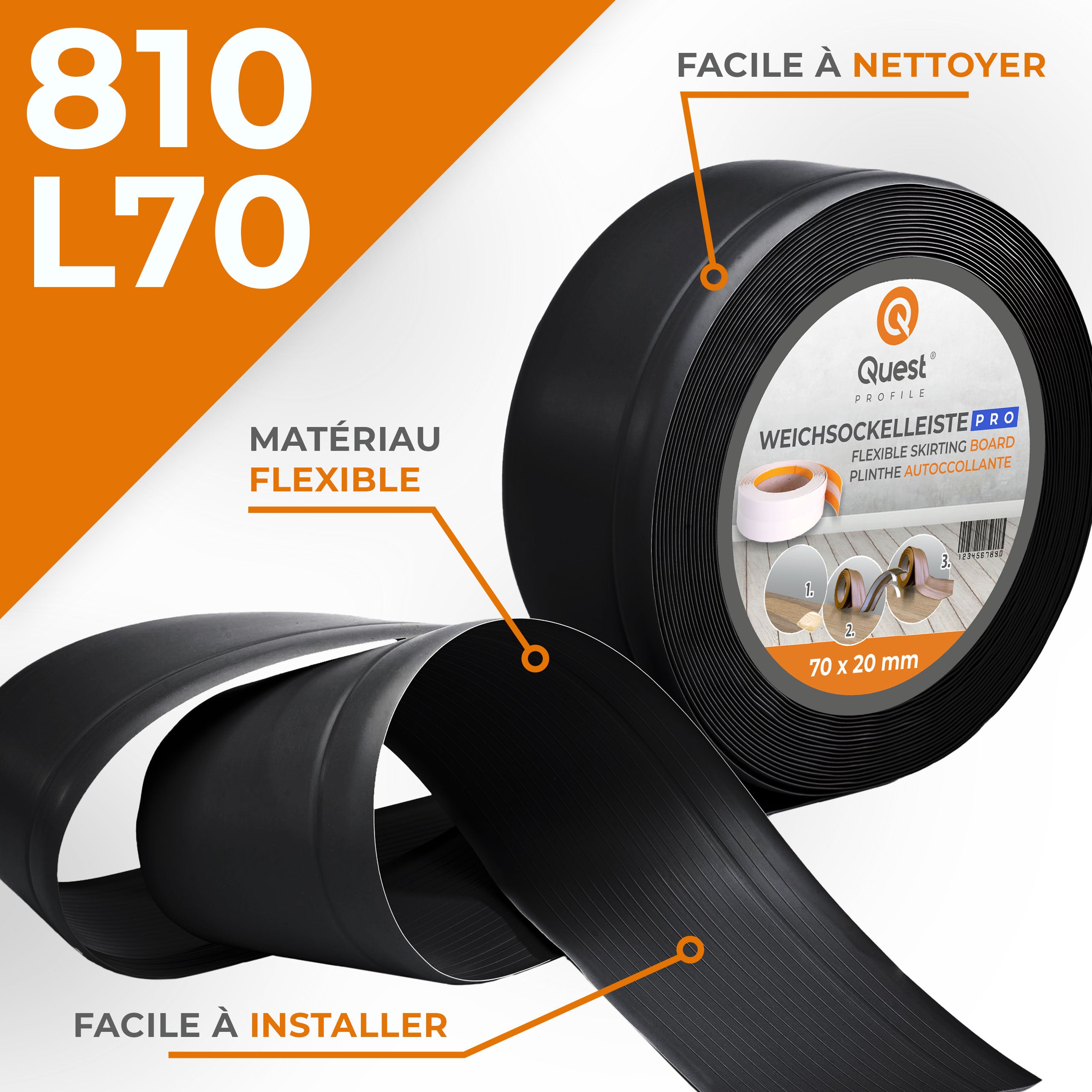 QUEST Plinthe en PVC Flexible 70x20mm, 1m, Plinthe Souple et Élastique ...