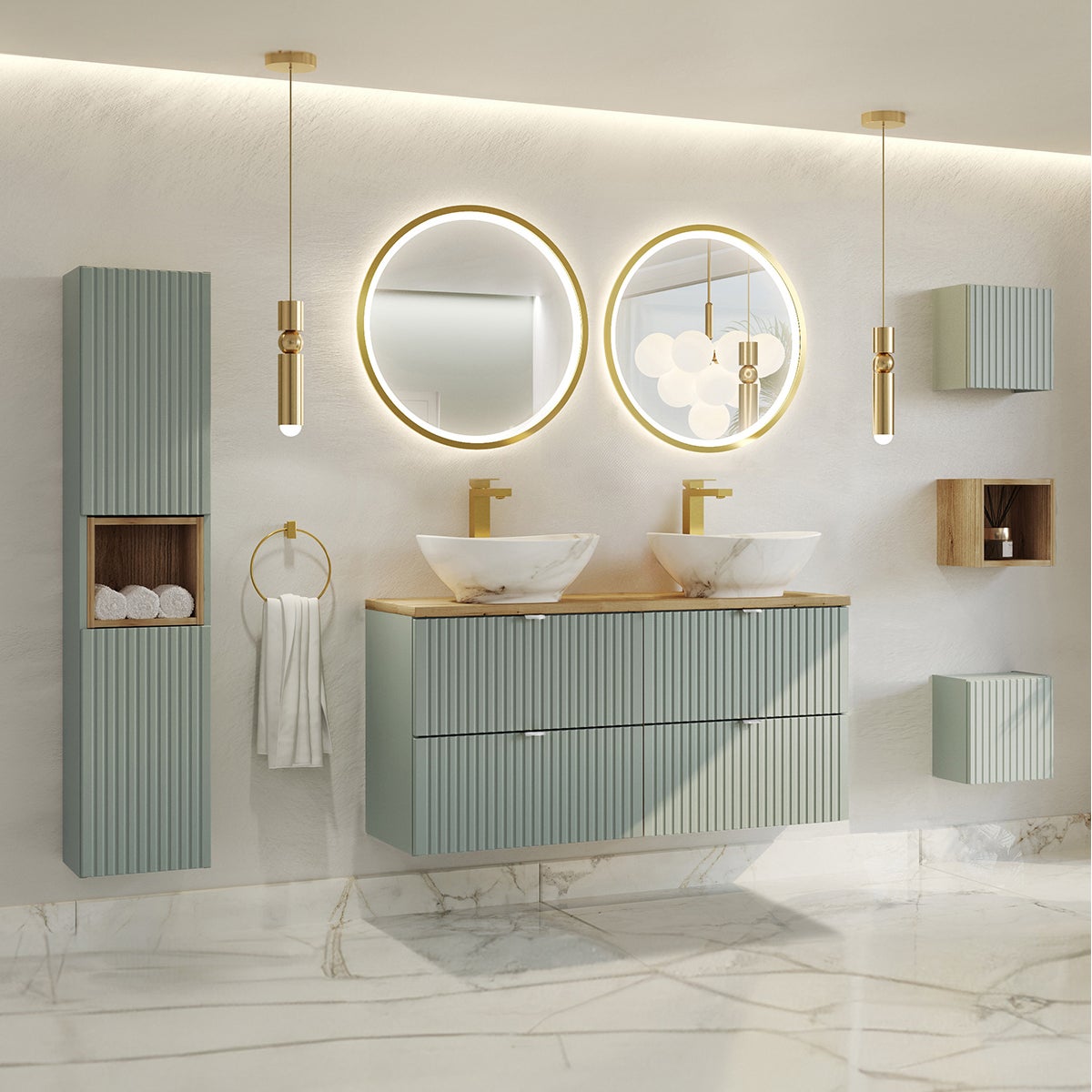 Set di lavabo doppio da 120 cm con 4 cassetti, specchi LED e 3 pensili ...