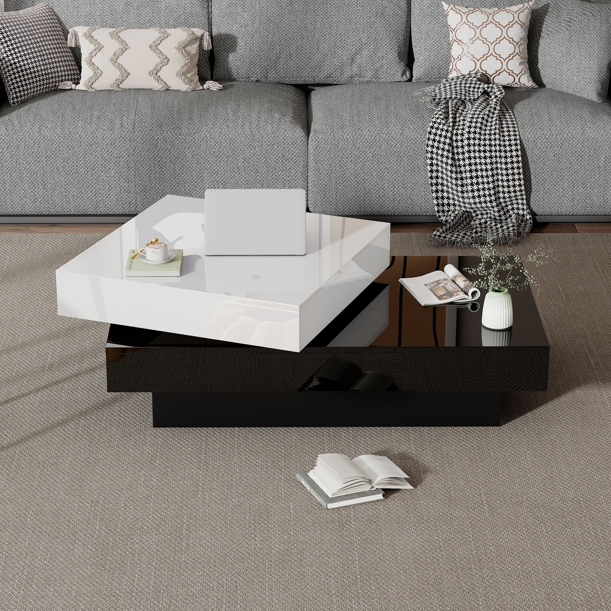 Table basse pivotante bicolore blanche et noire, moderne, avec surface ...