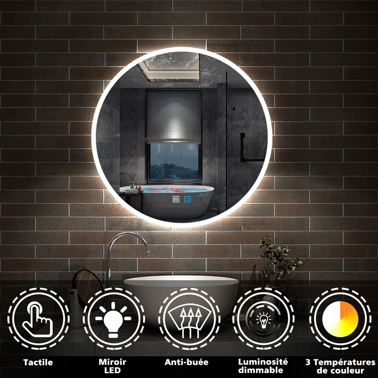 3 couleurs Miroir rond de Salle de Bain avec Anti-buée + LED 3000/4500 ...