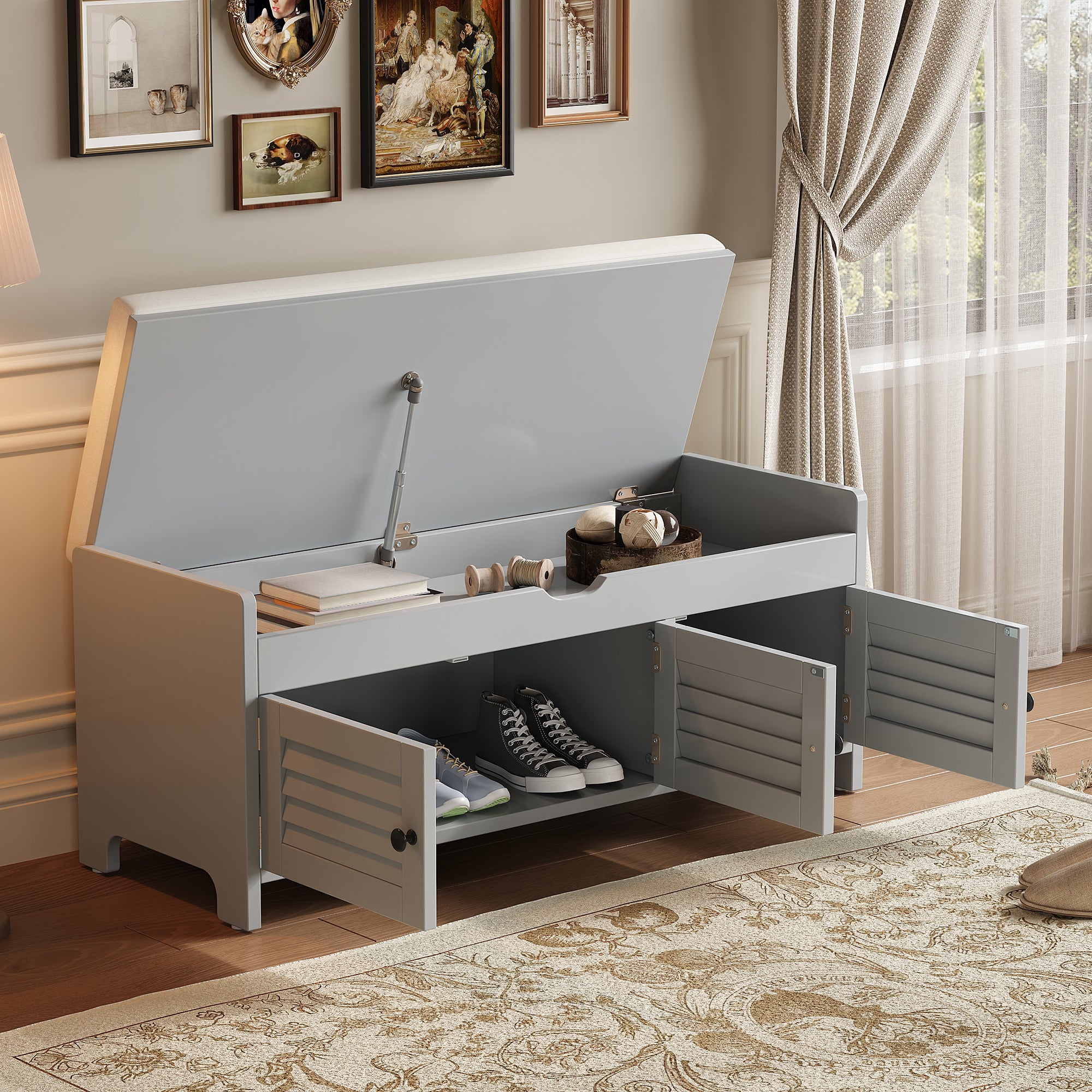 Banc à chaussures 110x40x50 cm avec assise et 3 portes persiennes, MDF ...