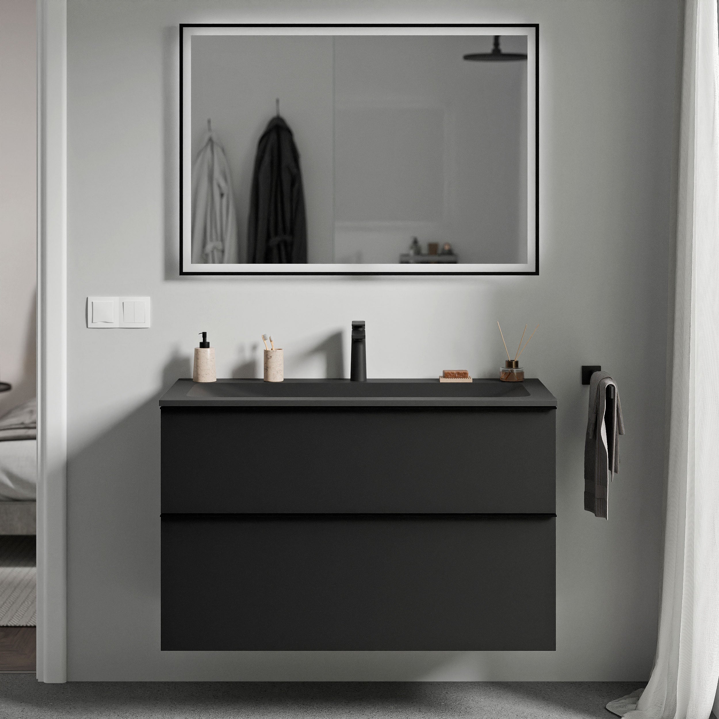 BERNSTEIN - Meuble vasque suspendu MDF Noir mat, lavabo fonte Noir mat ...