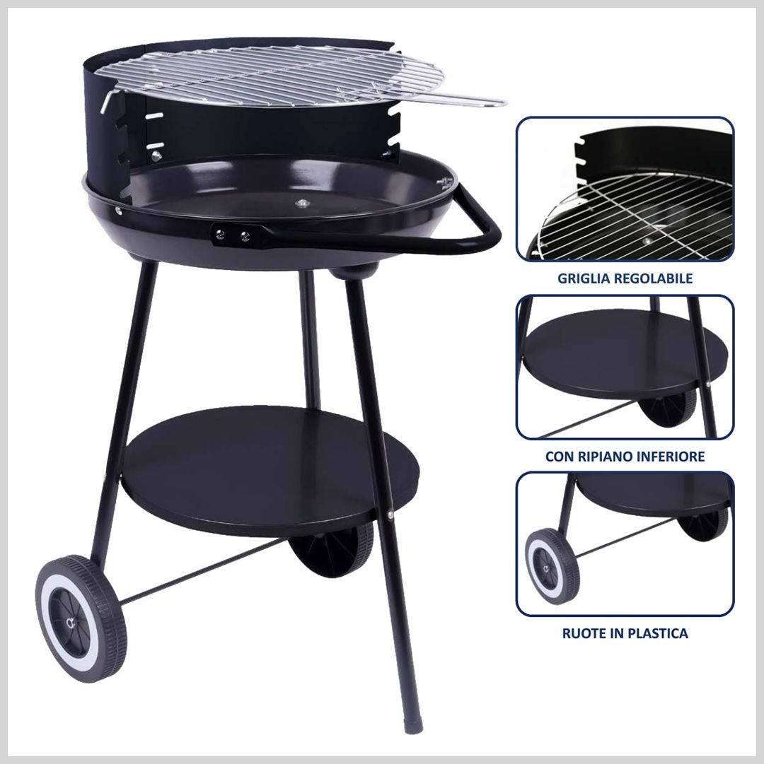 BARBECUE TONDO DIAMETRO CM 37 CON SUPPORTO A 3 GAMBE CON RUOTE 4 ...
