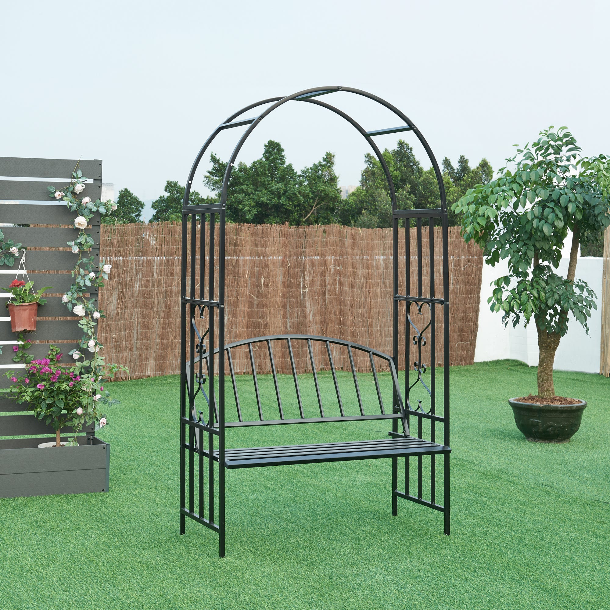 Arche à Rosiers Avec Banc Barile Acier 205 X 114 X 55 Cm Noir Casapro Leroy Merlin