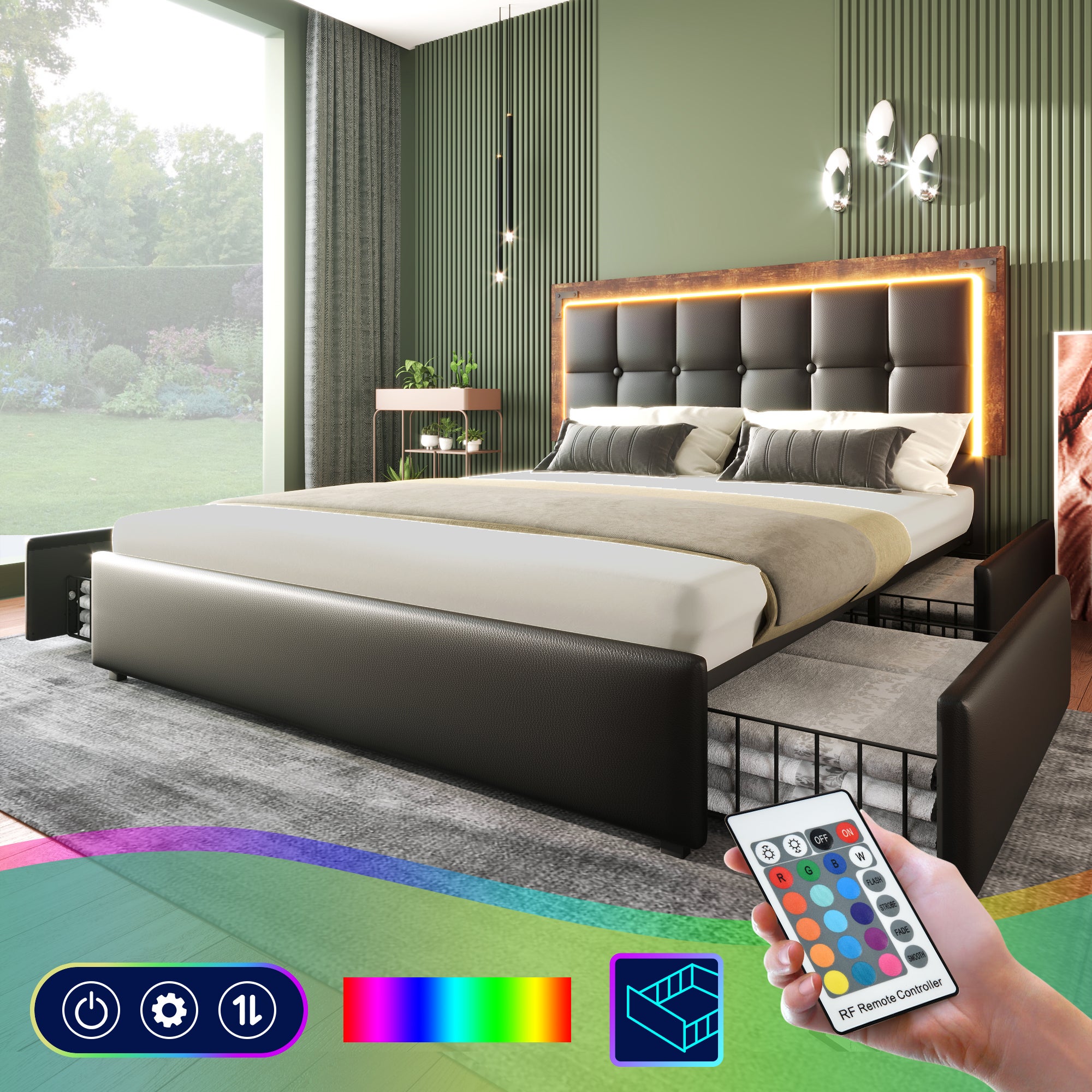 Lit adulte Lit avec rampe lumineuse LED et 4 tiroirs Lit double 160x200 ...