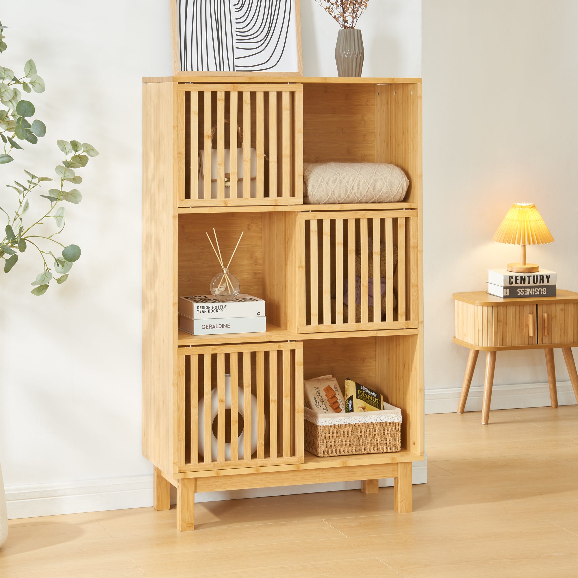 Libreria Bassa Ypäjä in Bambù con Sportelli Scorrevoli [en.casa ...