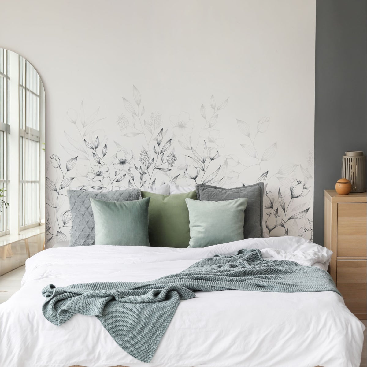 Papel pintado panorámico con un zócalo vegetal, Blanco y negro 300 x ...