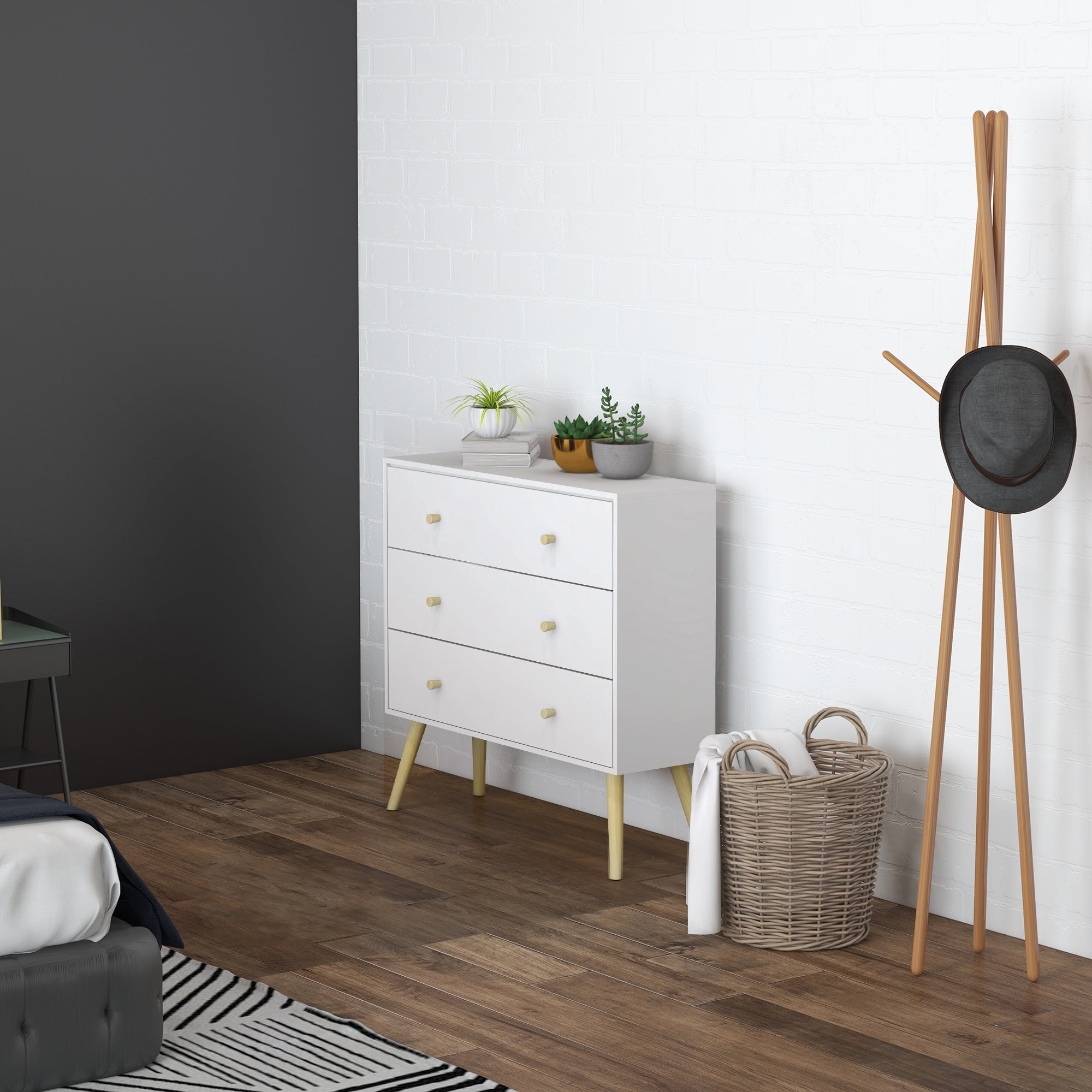 Commode 3 tiroirs design scandinave piètement effilé incliné bois pin ...