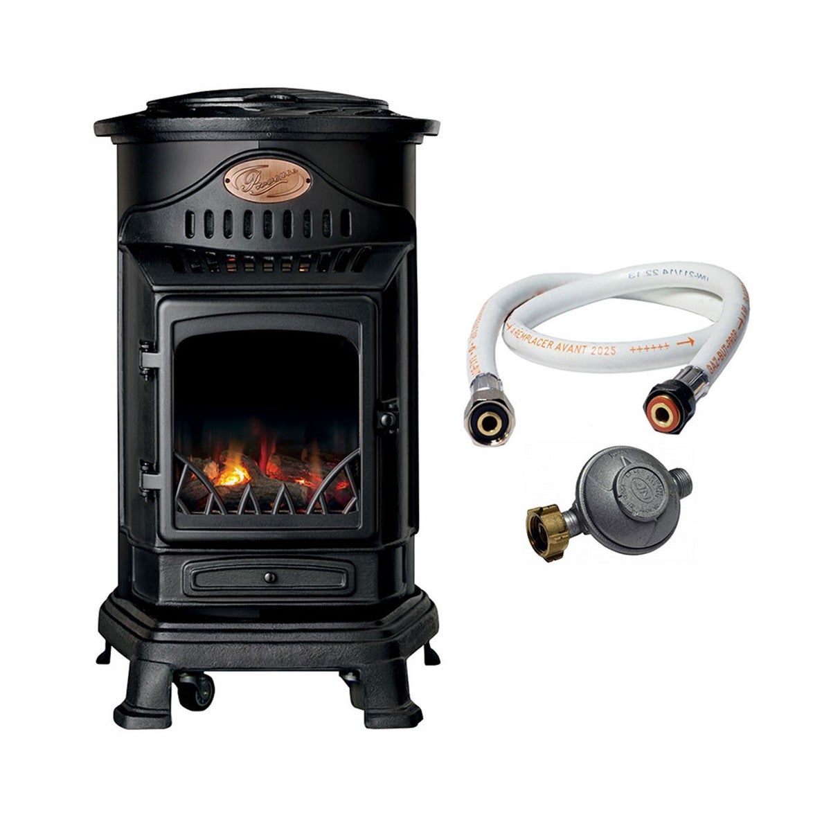 Poêle à gaz 3,4KW NOIR Fonte Véritable Effet feu de bois + Tuyau gaz ...