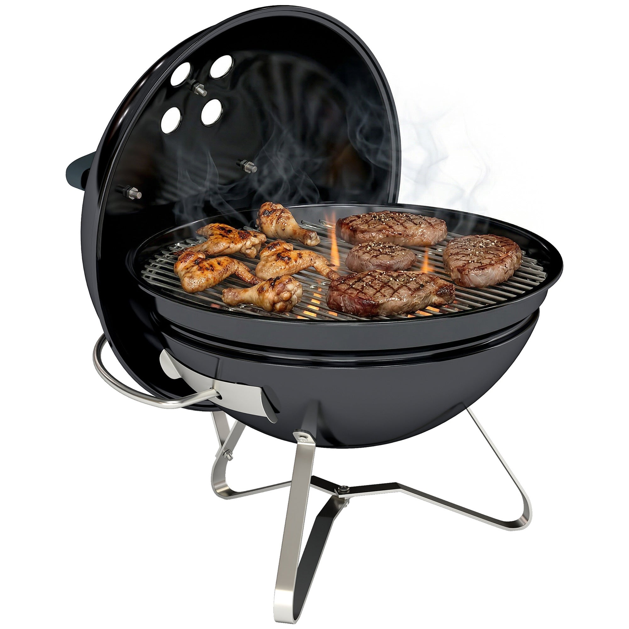 Barbecue à charbon portable rond avec couvercle, support et ventilation ...