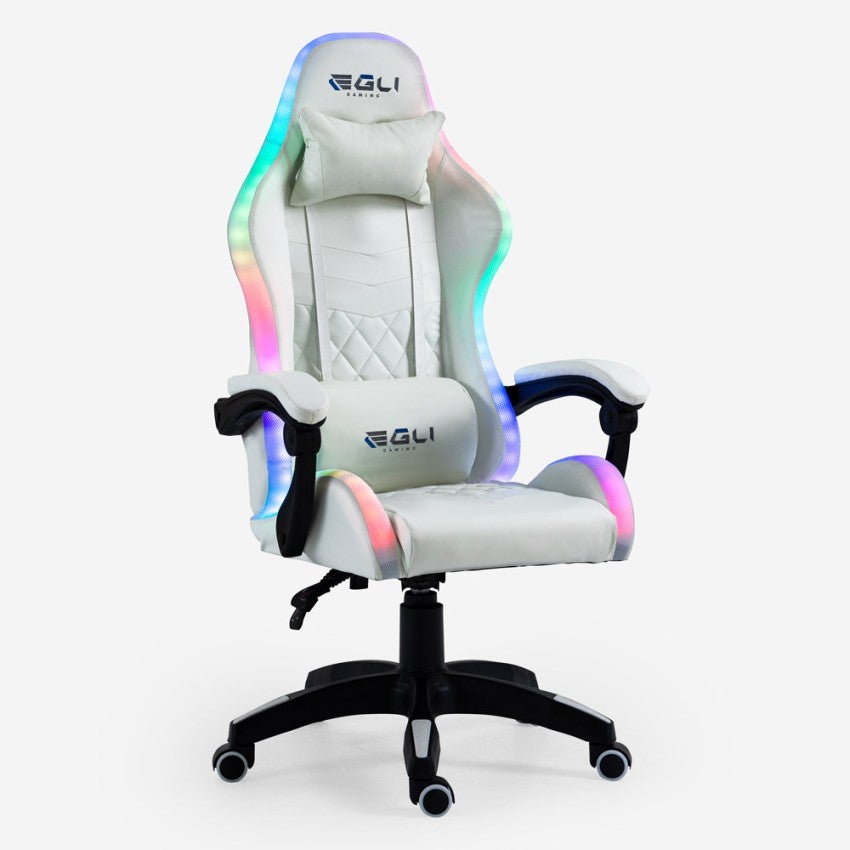 Fauteuil gamer blanc fauteuil LED ergonomique inclinable avec coussin ...