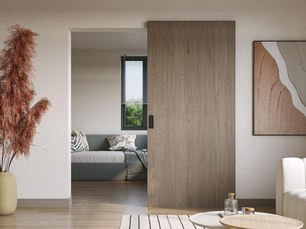 Porte coulissante en bois et MDF avec rail invisible - Chêne clair - 93 ...