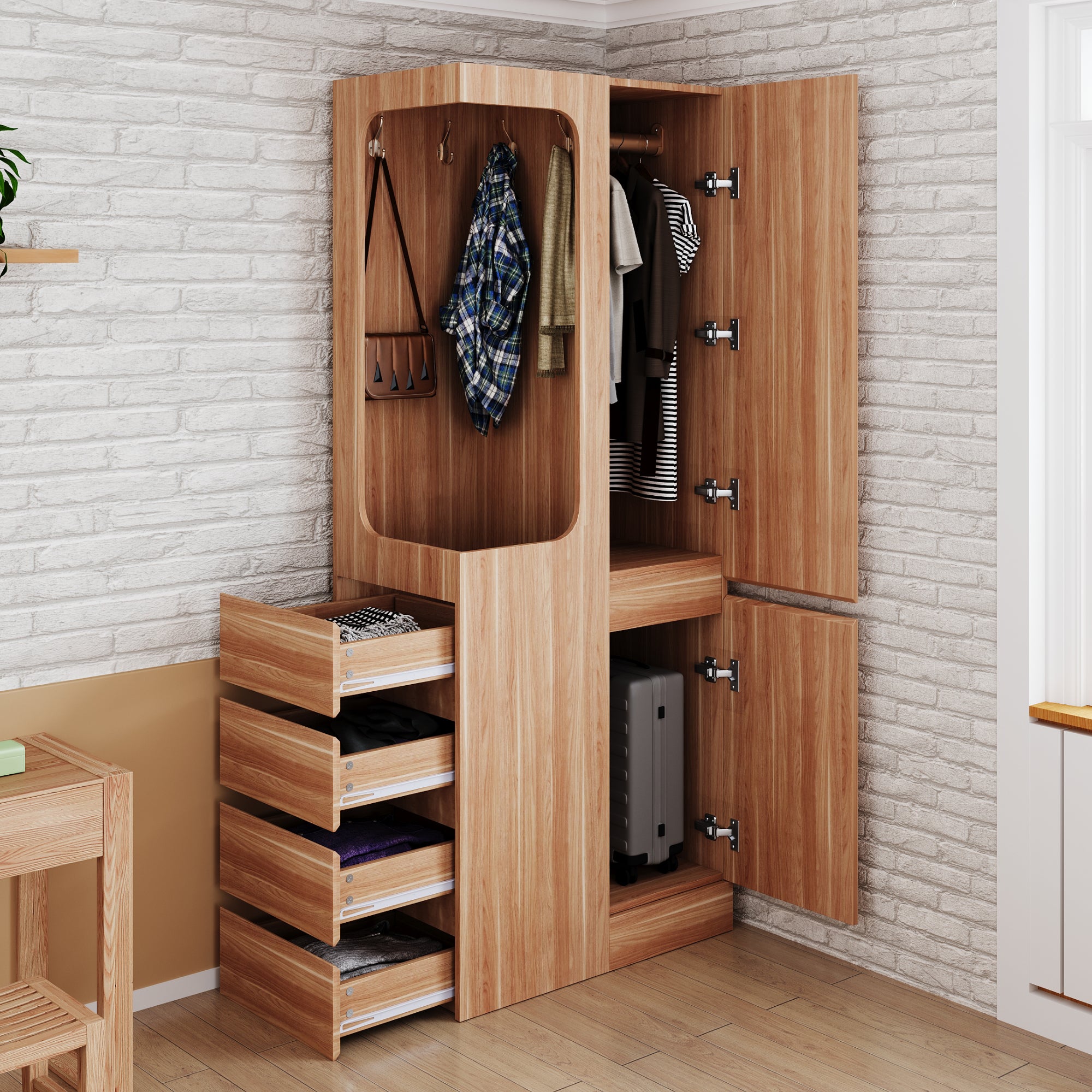 Armoire 70x40x170 cm en bois avec tiroirs et penderie ouverte ...