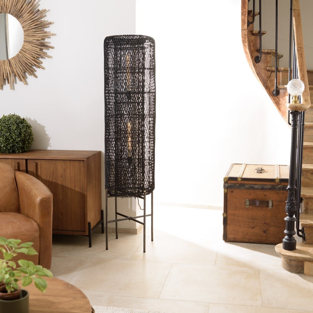 SIXTINE - Lampadaire 39x39cm rotin couleur noire pieds acier | Leroy Merlin