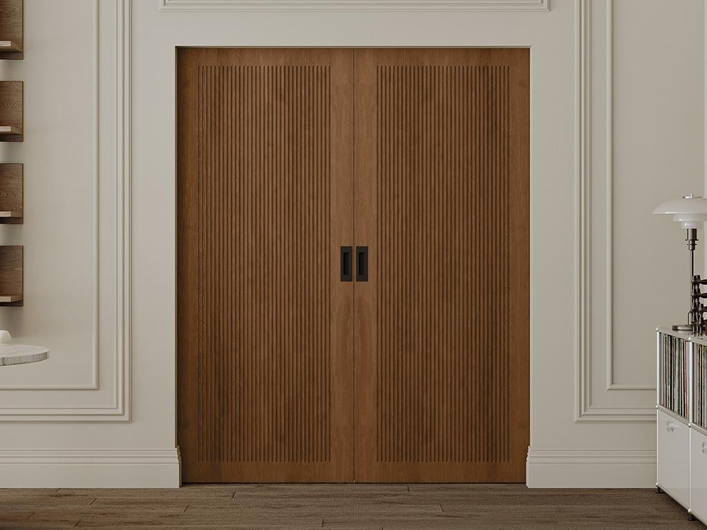 Puerta corredera doble empotrable en MDF y madera natural oscuro - 2 x ...