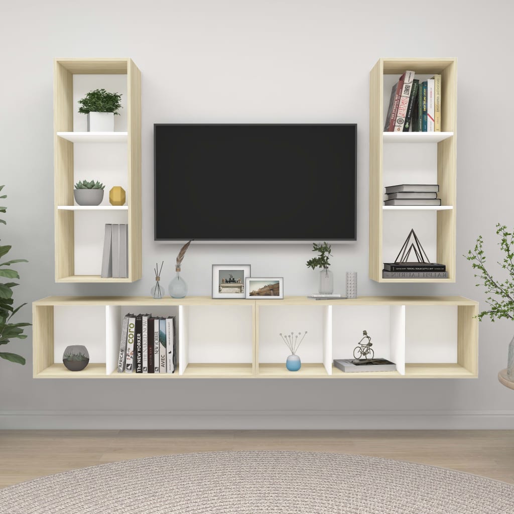 Muebles de salón de pared 4 piezas blanco y roble Sonoma | Leroy Merlin