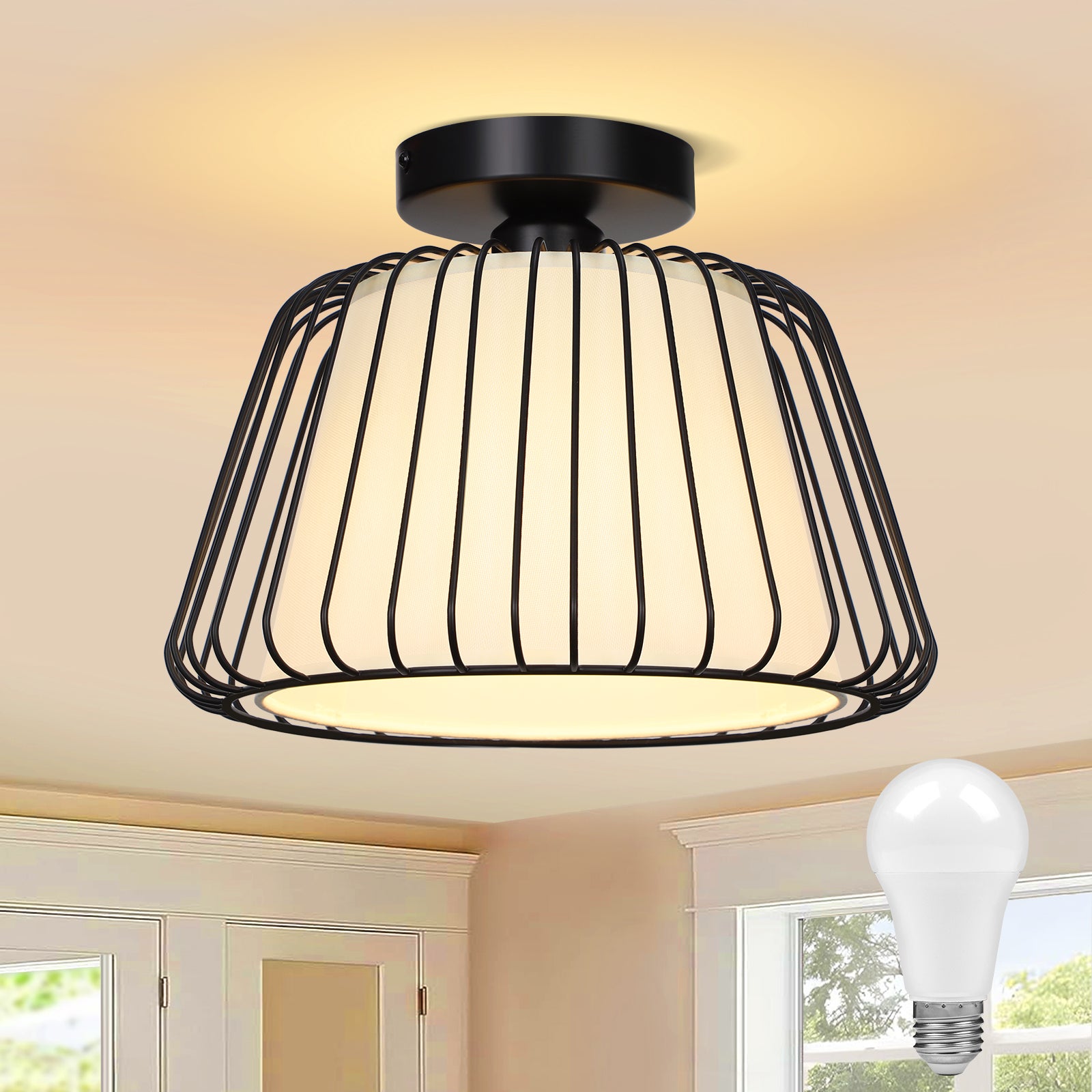 Luminaire plafonnier LED semi-encastré élégant avec abat-jour en tissu ...