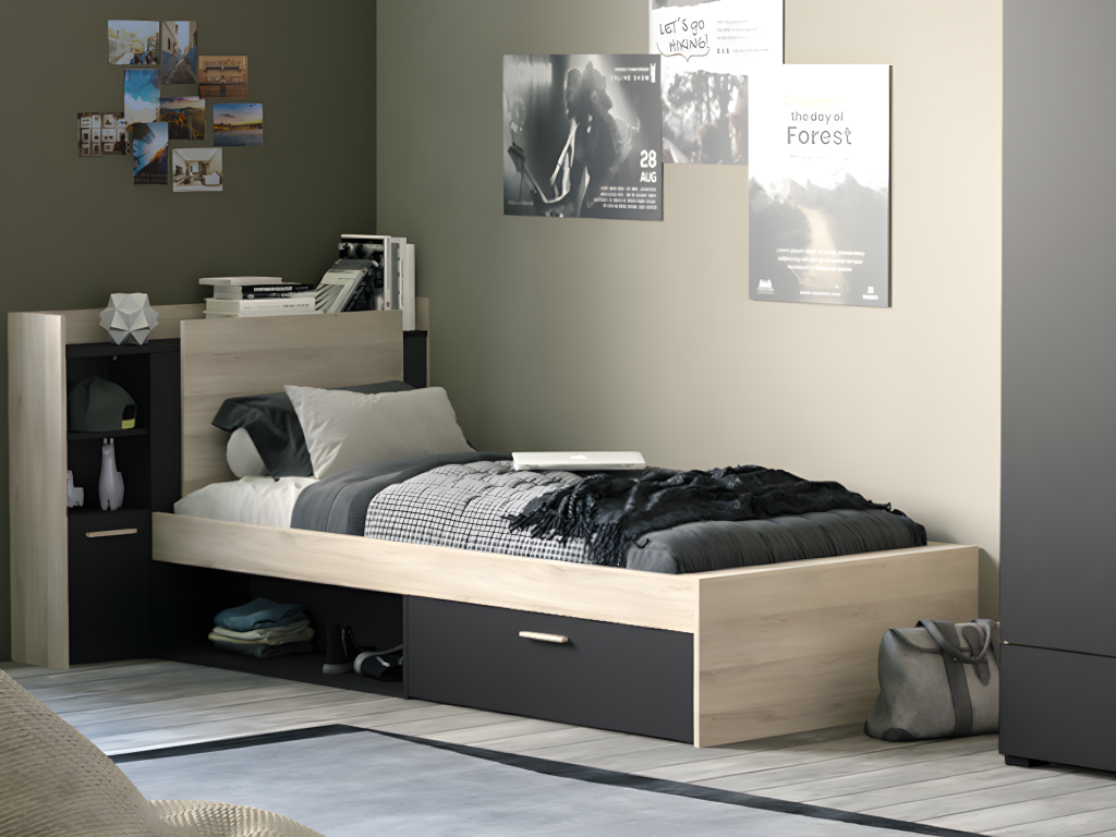 Cama 90 x 190/200 con compartimentos - Negro y natural + Somier - MARTELO | Leroy Merlin