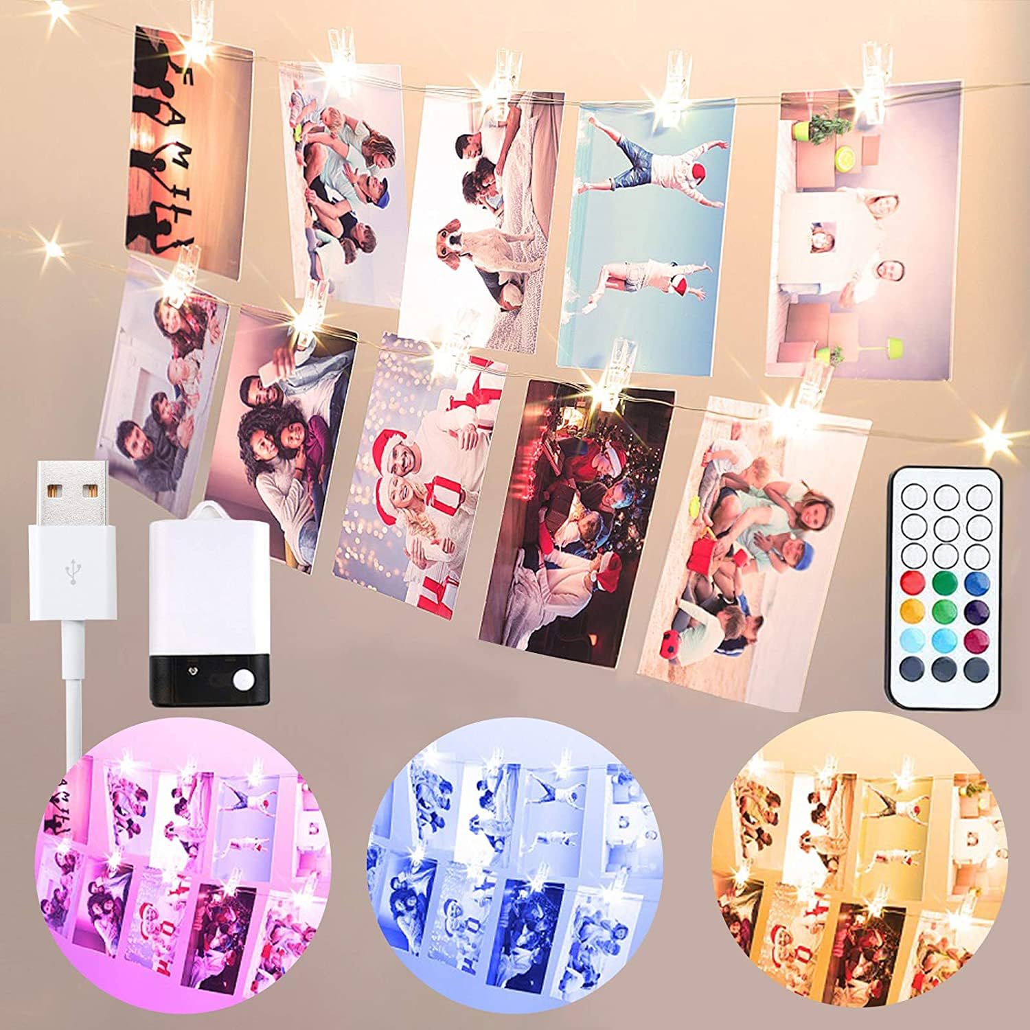 Catena di luci a LED per camera, luce bianca calda e colorata, con clip ...