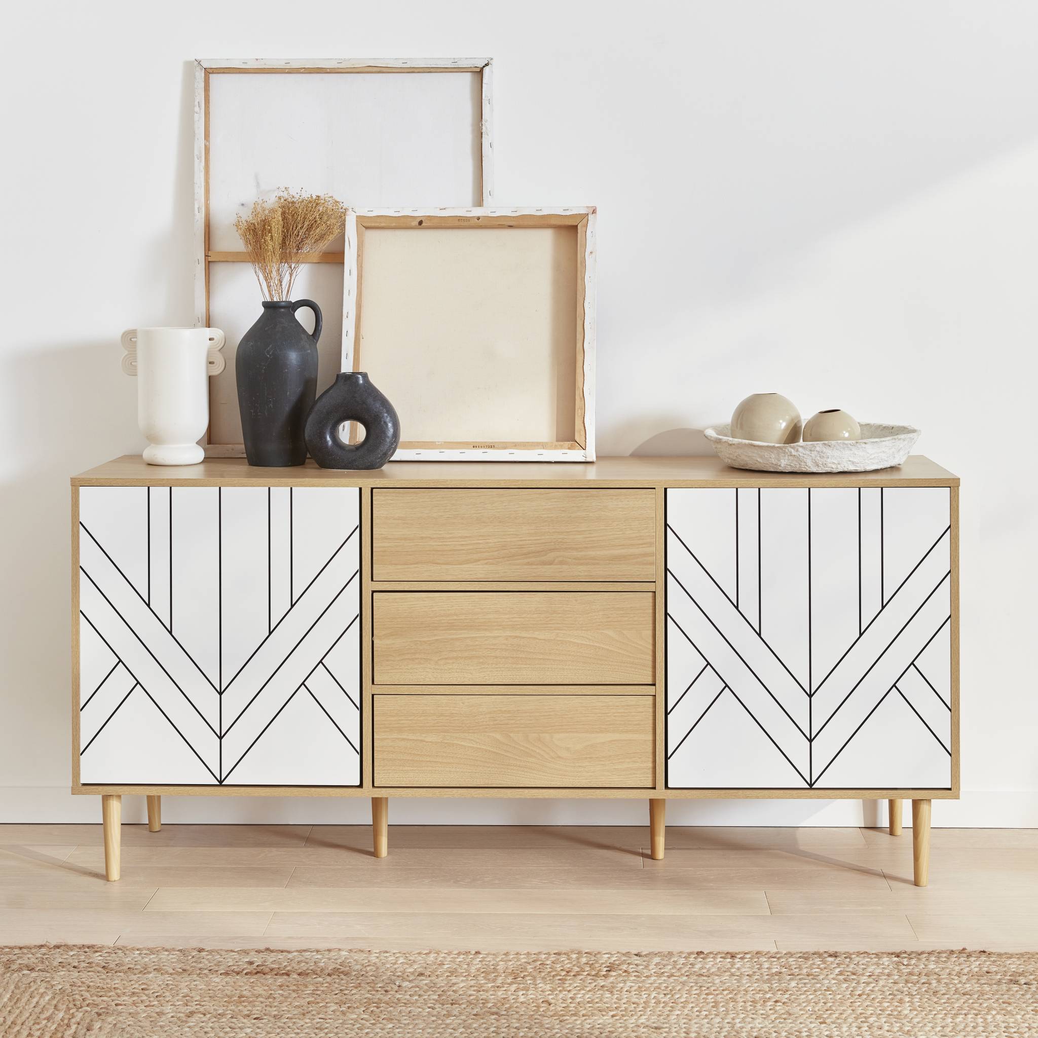 Buffet de rangement décor bois et blanc - Mika - 2 niveaux. 2 portes. 3 ...