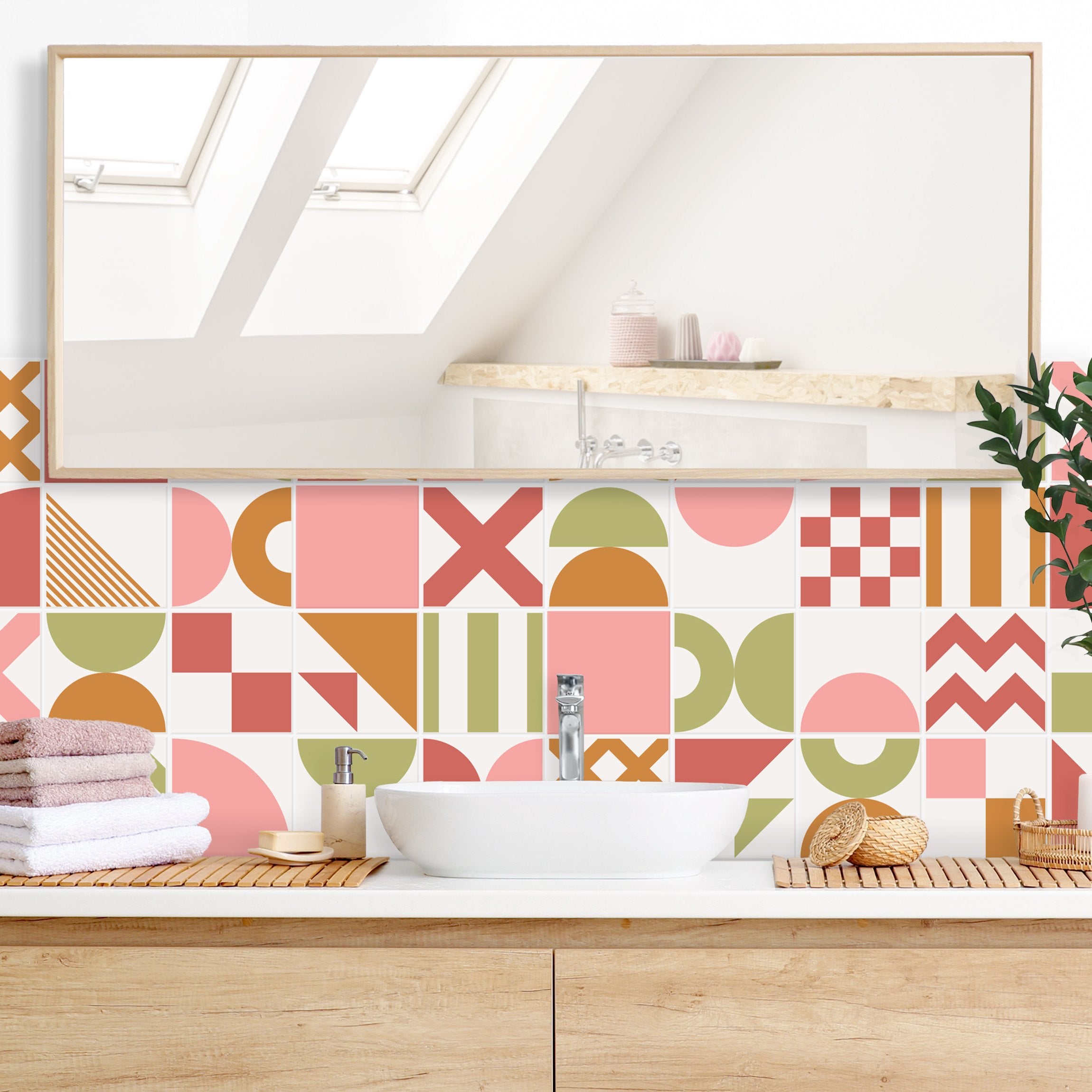 Panneau mural pour salle de bain - Carreaux formes géométriques rose et ...