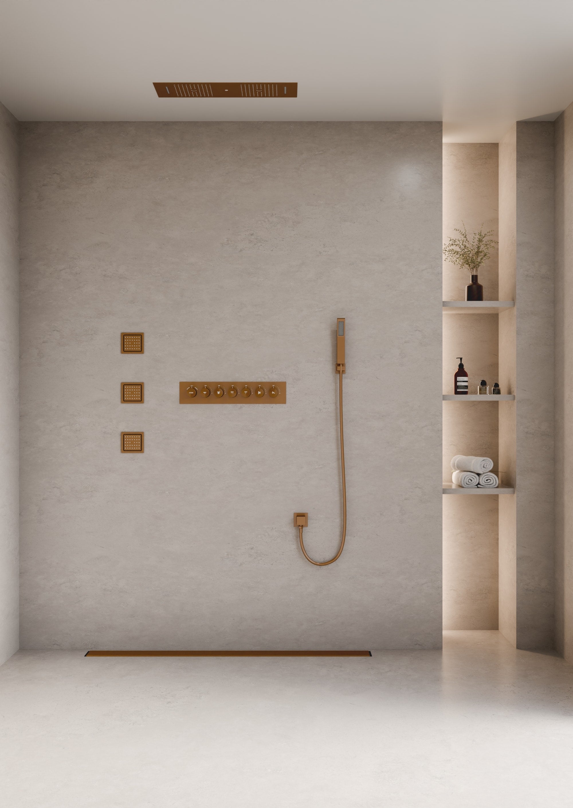 Pack douche thermostatique avec 3 jets de corps à LED Or rose brossé ...