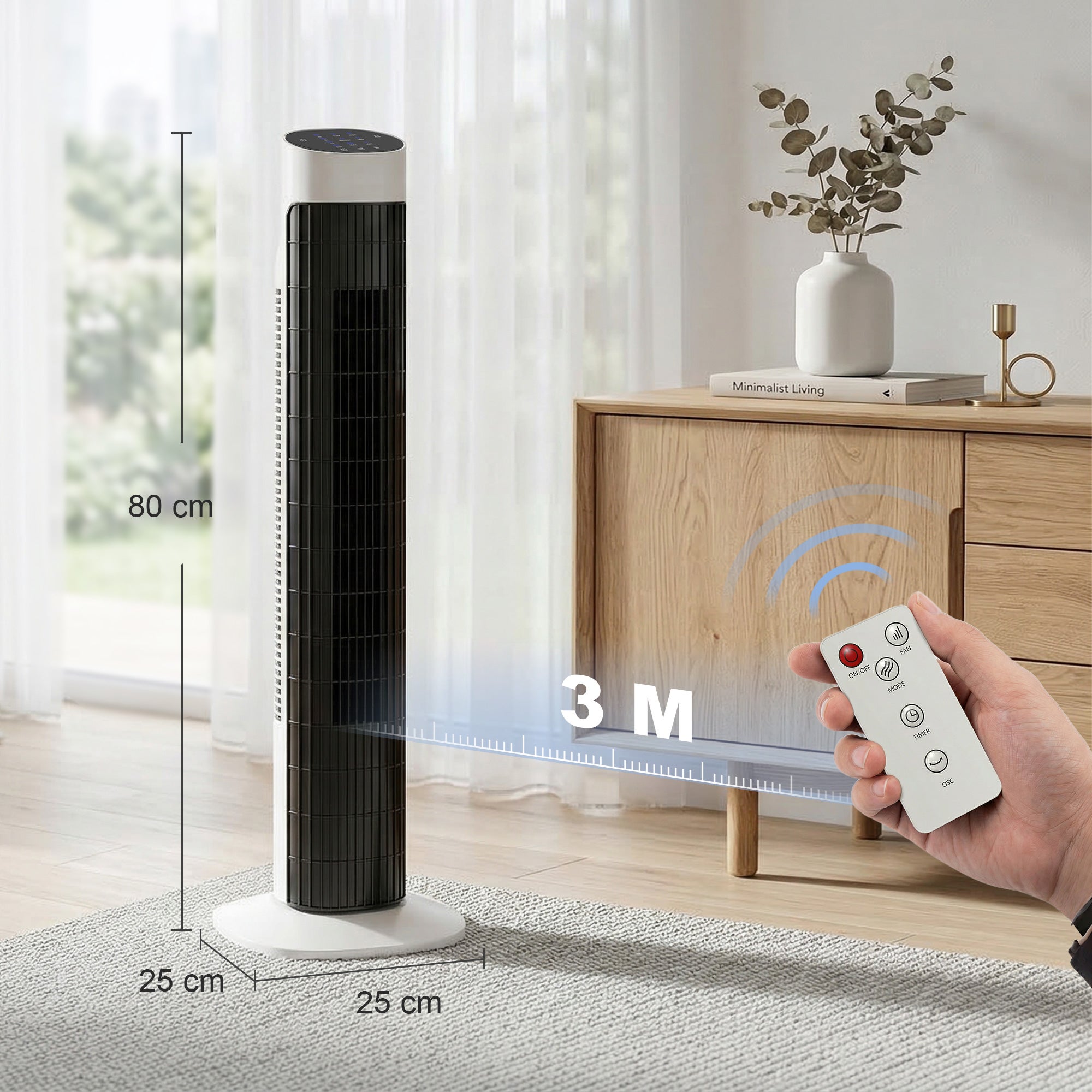 Ventilador de torre con pedestal, oscilante a 70°, 80 cm, blanco y ...